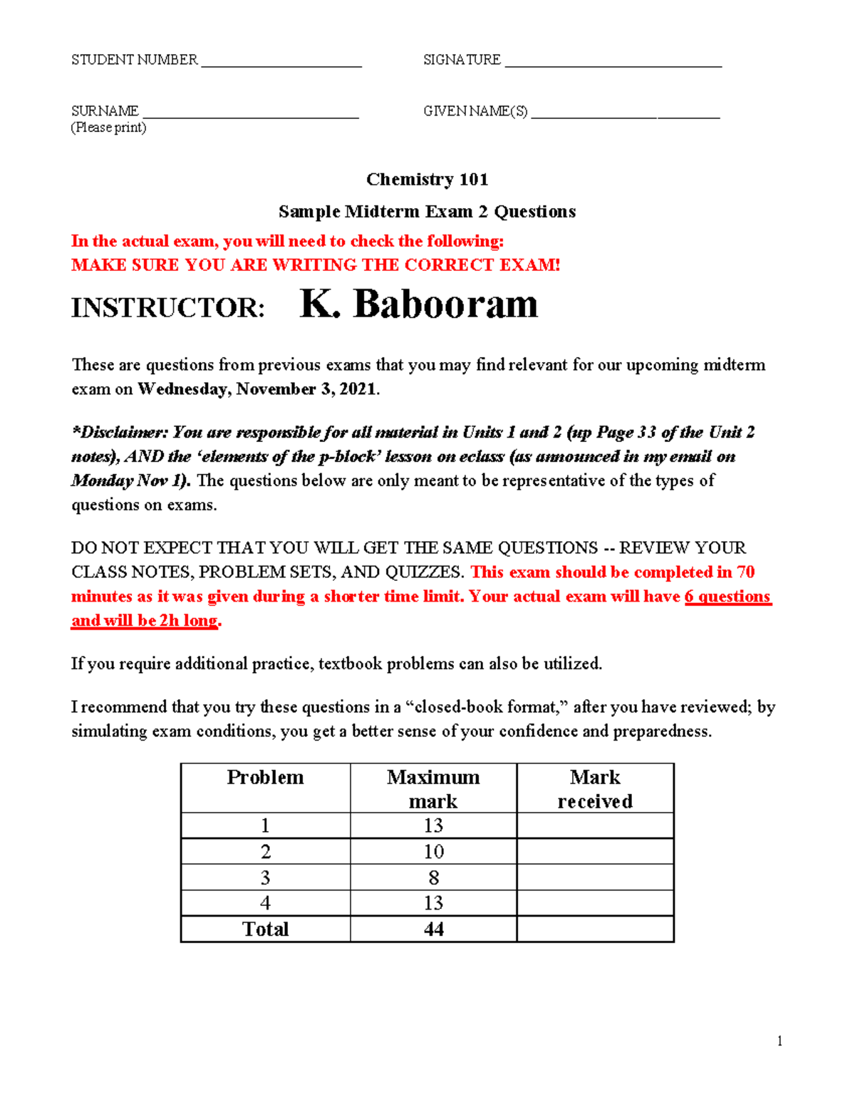 Chemistry 101 Sample Midterm Exam 2 Questions - Studocu