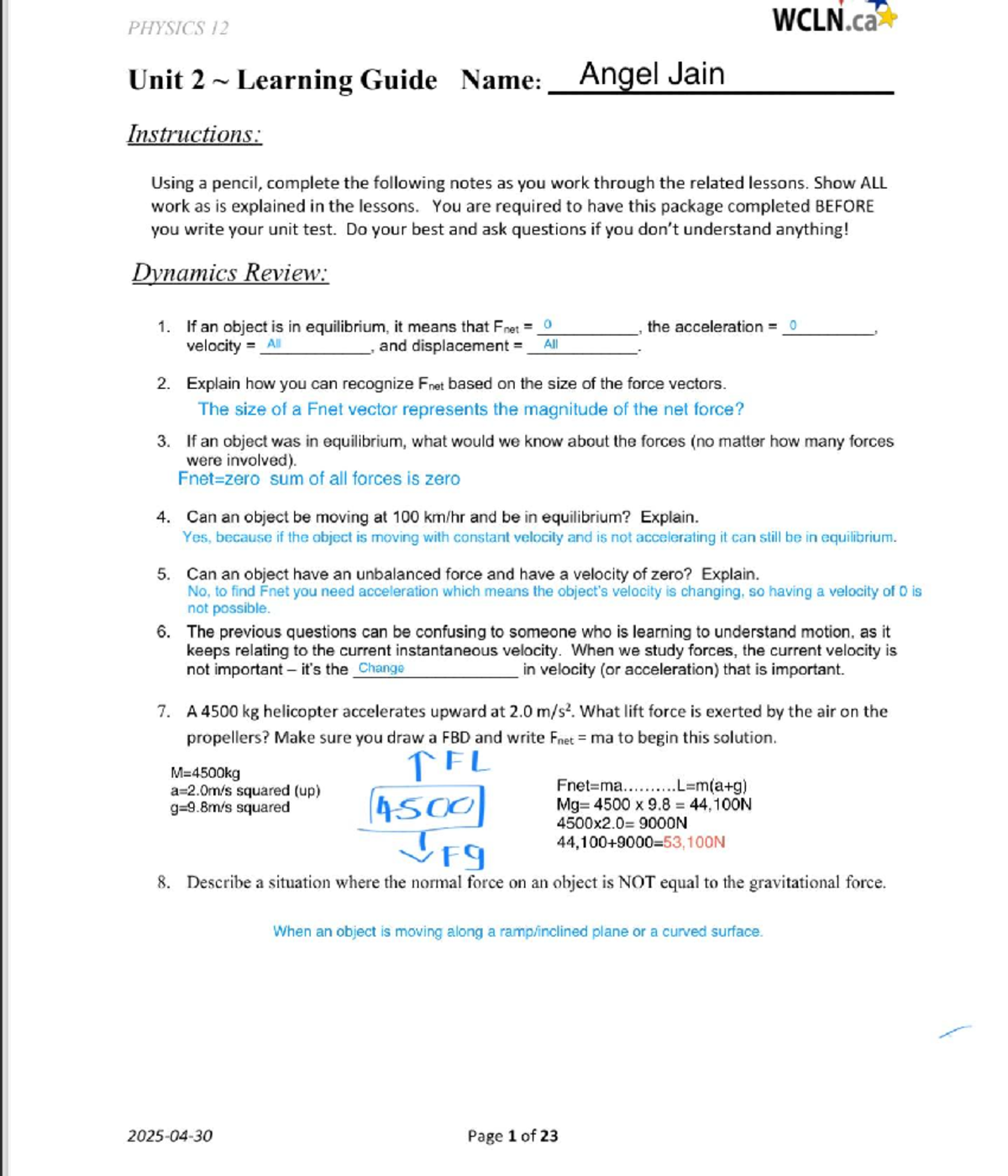PHYSICS 12 Unit 2 Lecture Guide - Studocu