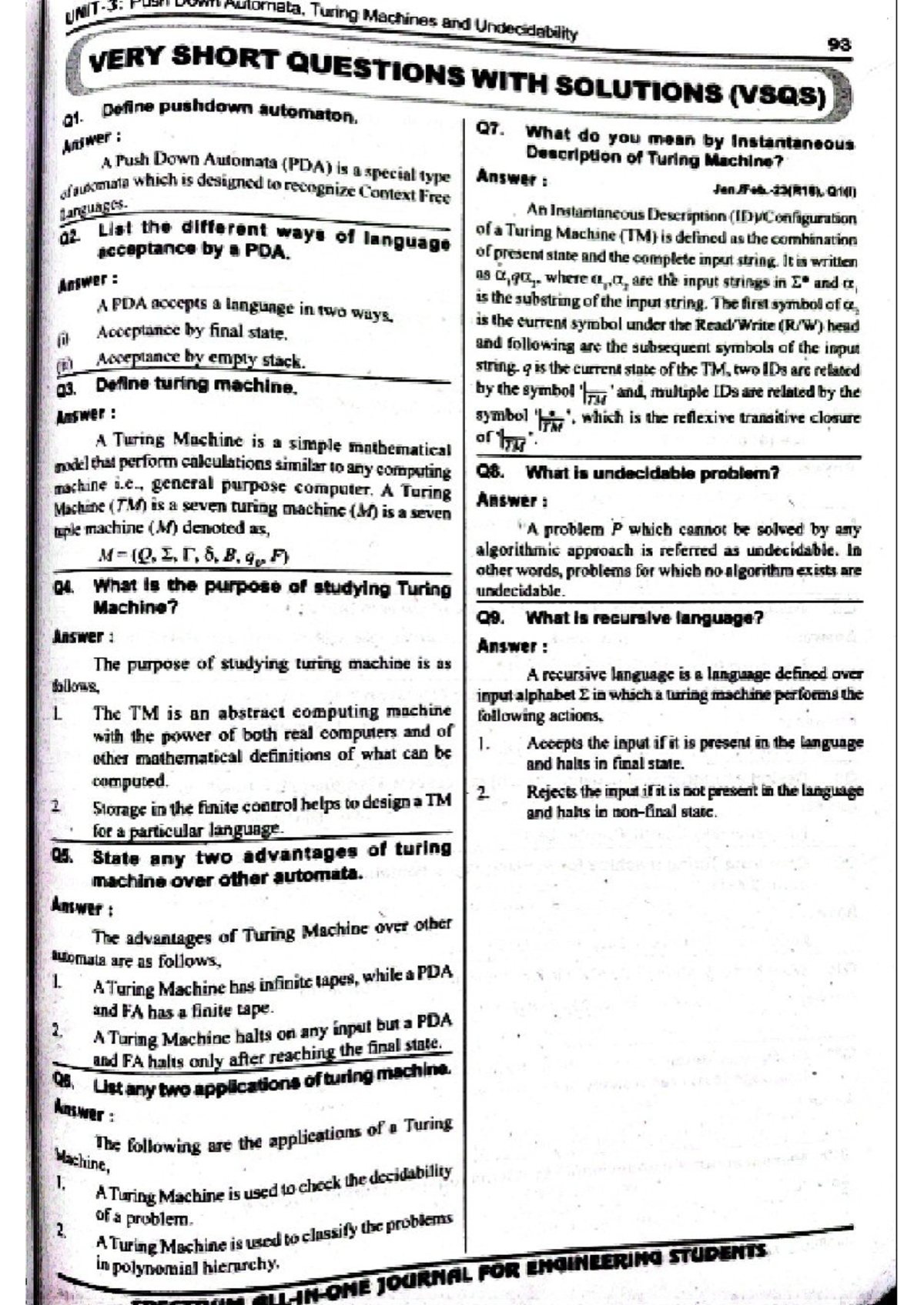 Automata Theory and Turing Machines: 93 Short Q&A Solutions (ATCD ...