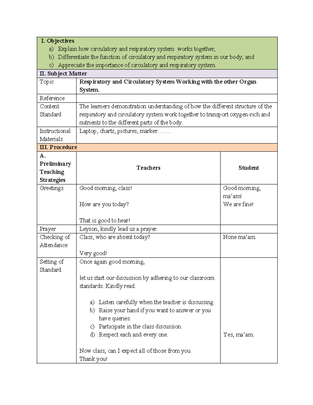 G-9 Lesson on Circulatory and Respiratory Systems Integration - Studocu