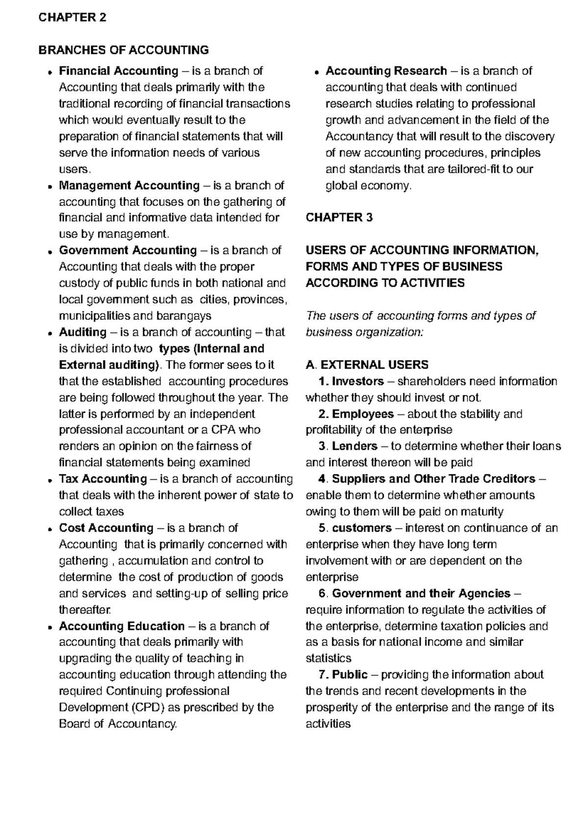 CHAPTER 2 & 3: BRANCHES & USERS OF ACCOUNTING (Basic Accounting) - Studocu