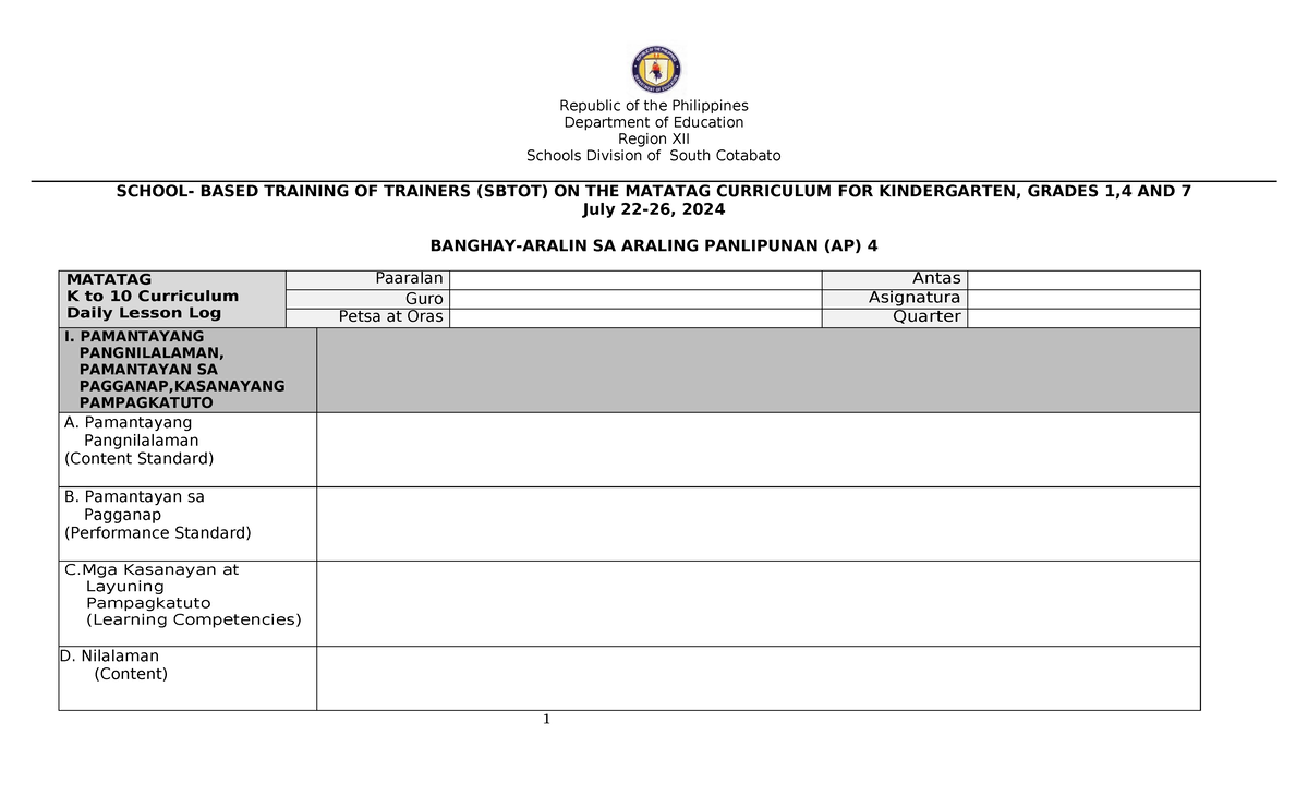 Matatag Lesson Plan Template for AP 4 (SBTOT Training) - Studocu
