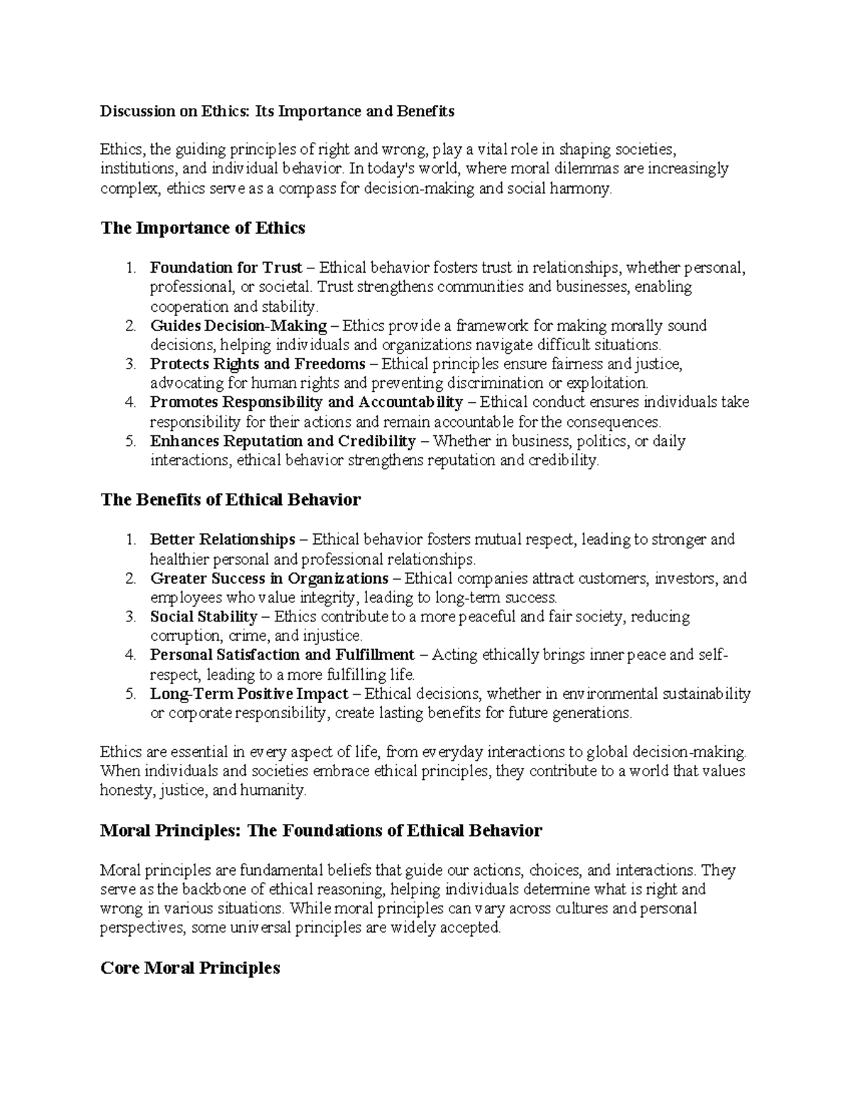 Lesson 1: Discussion on ethics, its importance and benefits - Studocu