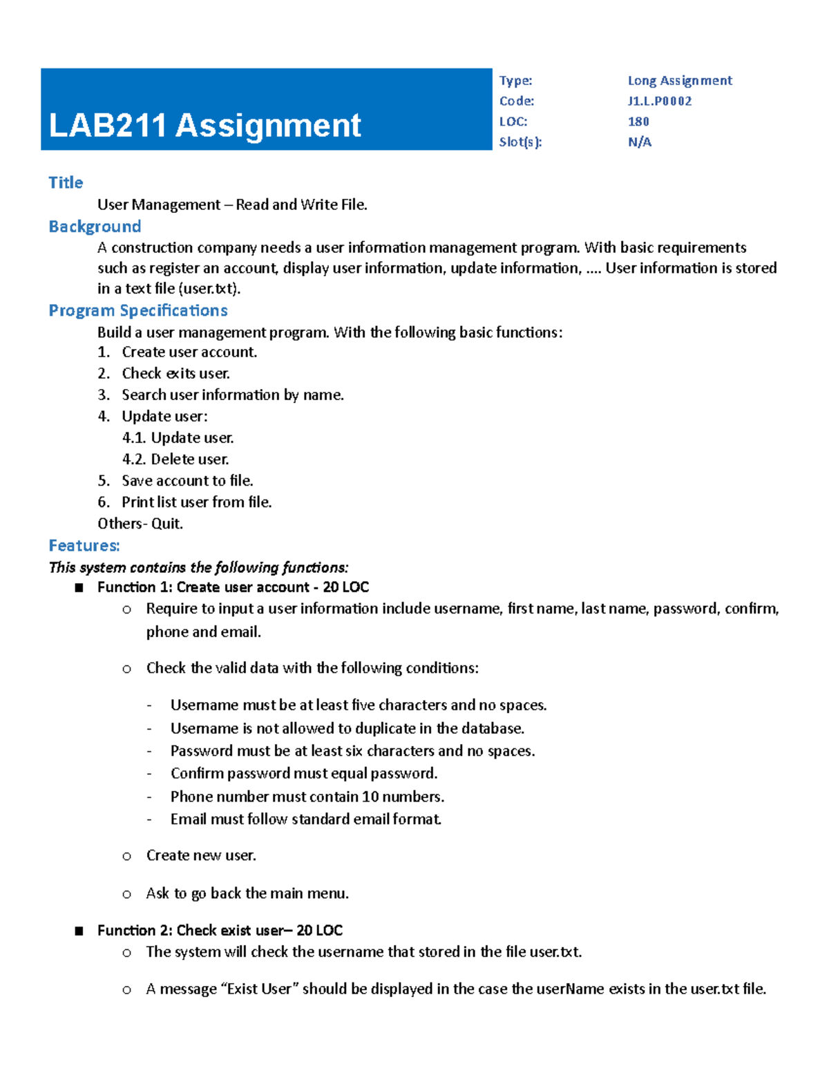 1B- J1.L.P0002. User Management 180LOC - LAB211 Assignment Type: Long ...
