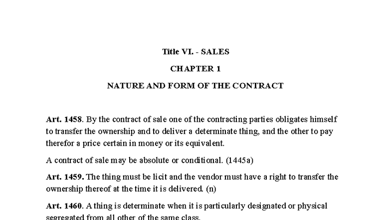 Law on Sale: Articles 1458-1544 - Nature & Effects of Contracts - Studocu