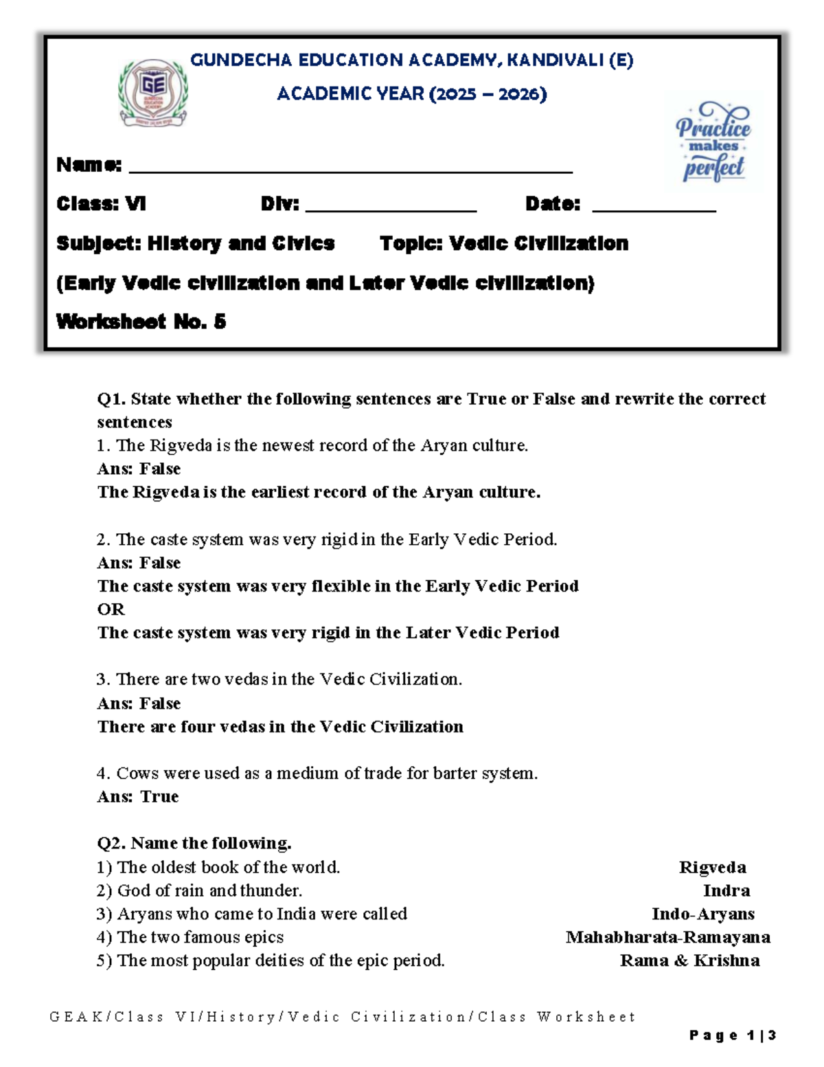Class VI History Worksheet: Vedic Civilization (2025-2026) Answer Key ...