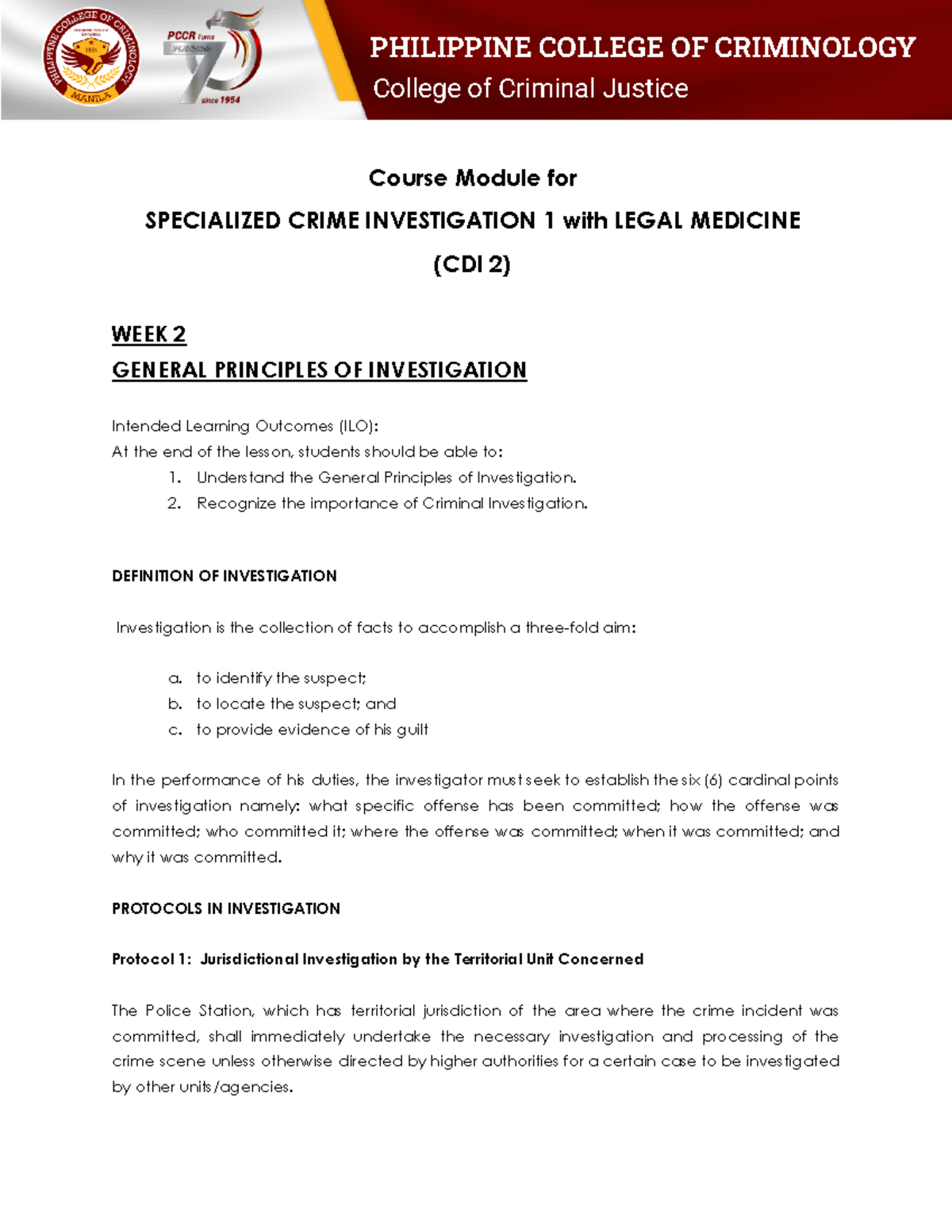 CDI 2 Week 2 Module: General Principles of Investigation & Protocols ...