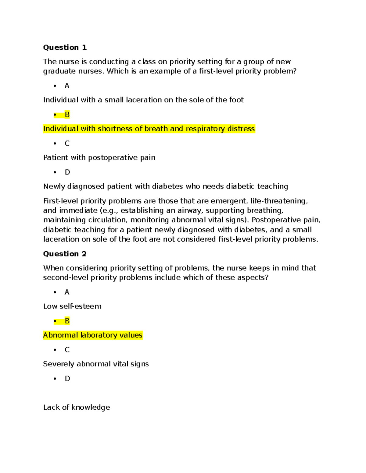 Quiz 1: Priority Setting in Nursing - Questions & Rationales - Studocu