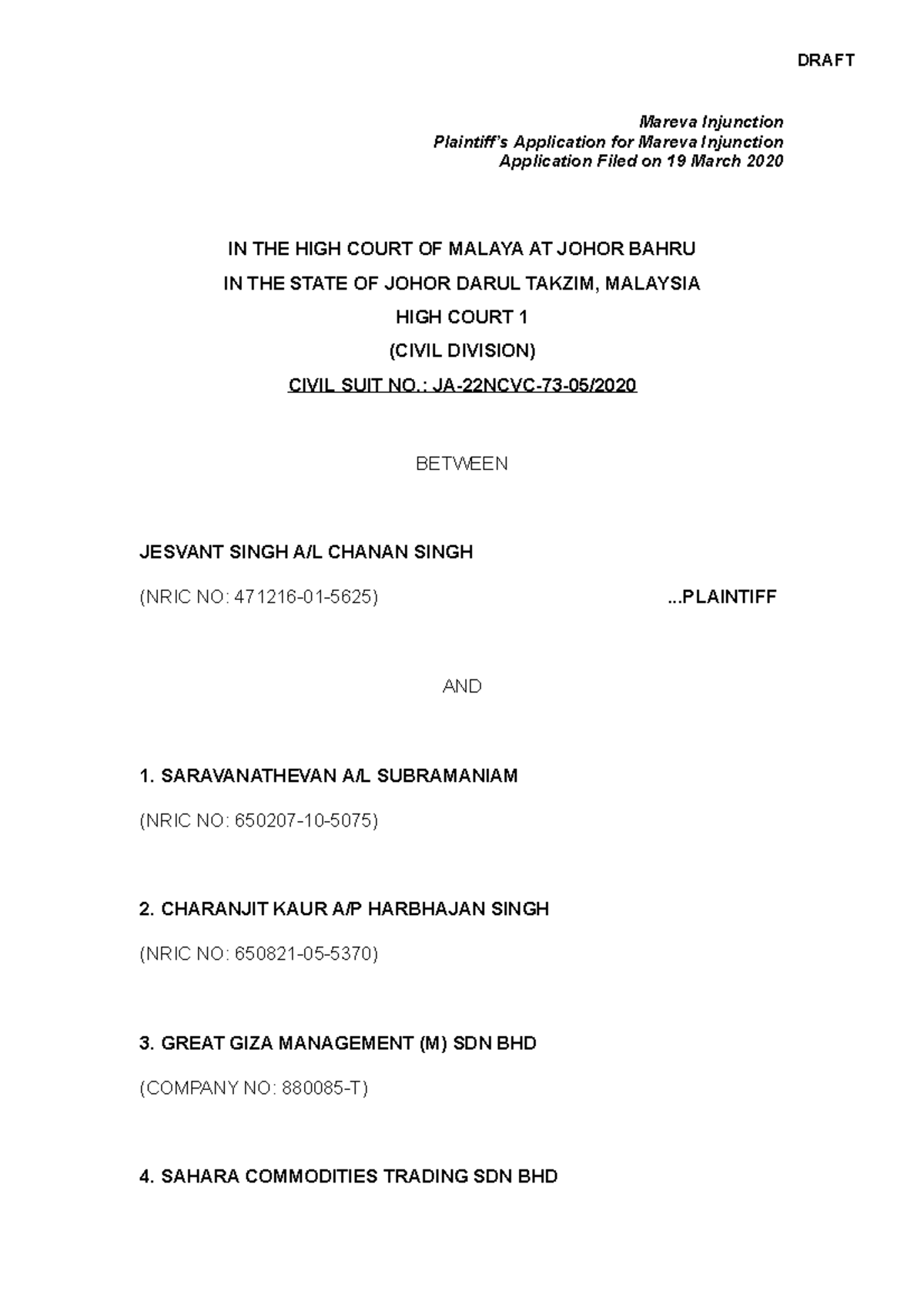 Draft Order for Mareva Injunction - High Court Case JA-22NCVC-73-05 ...
