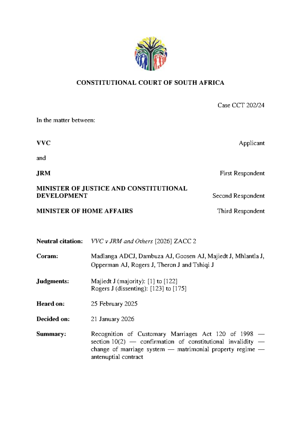 CCT Case Study: VVC v JRM - Customary Marriage & ANC Validity - Studocu