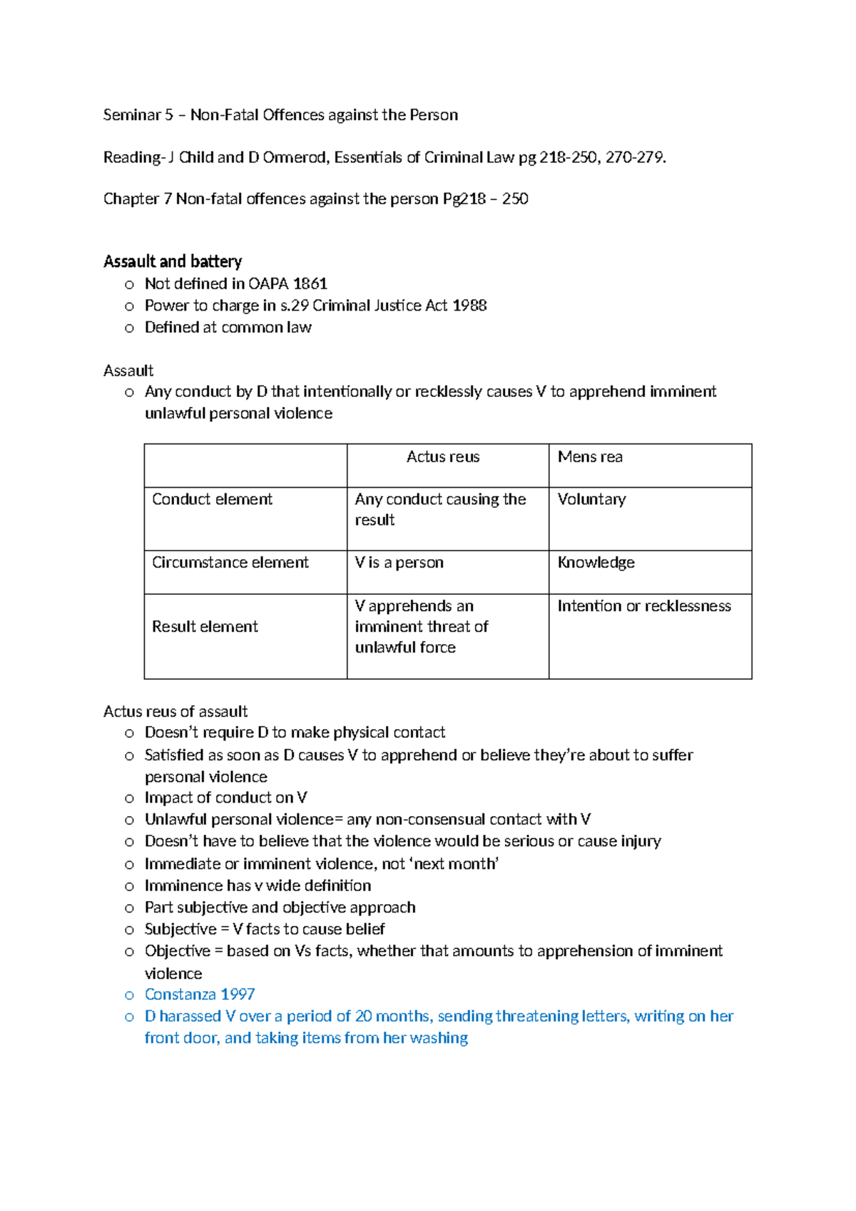 Seminar 5 – Non-Fatal Offences Against the Person: Key Concepts and ...