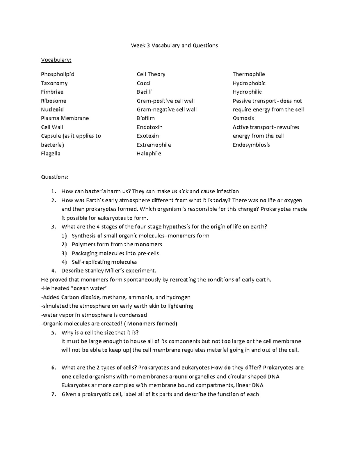 BIO 101 Lecture 3: Vocabulary and Key Questions Overview - Studocu