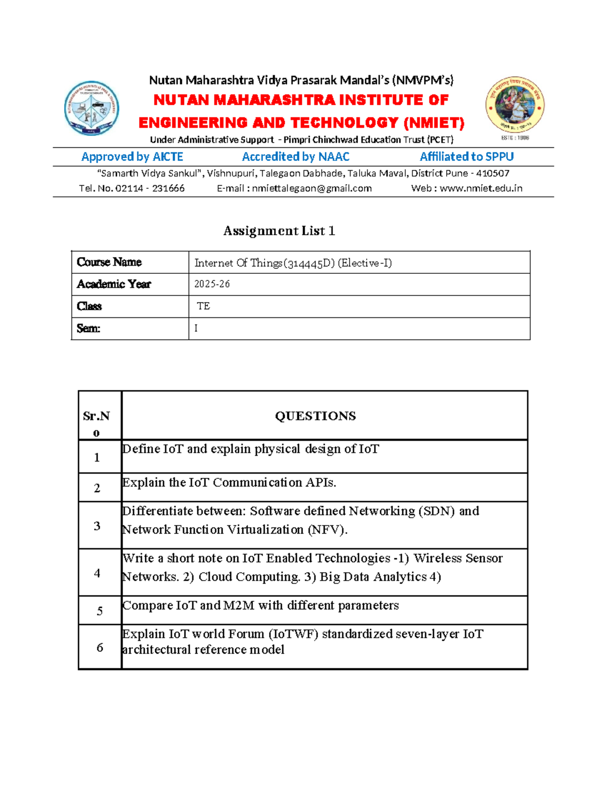 IOT Assignment No. 1 - TE Sem I - NMIET - Studocu