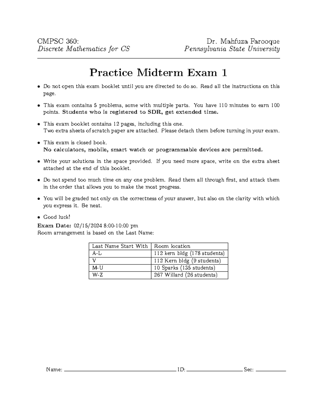 Practice Midterm Exam 1 (CMPSC 360) - Discrete Mathematics SP24 - Studocu