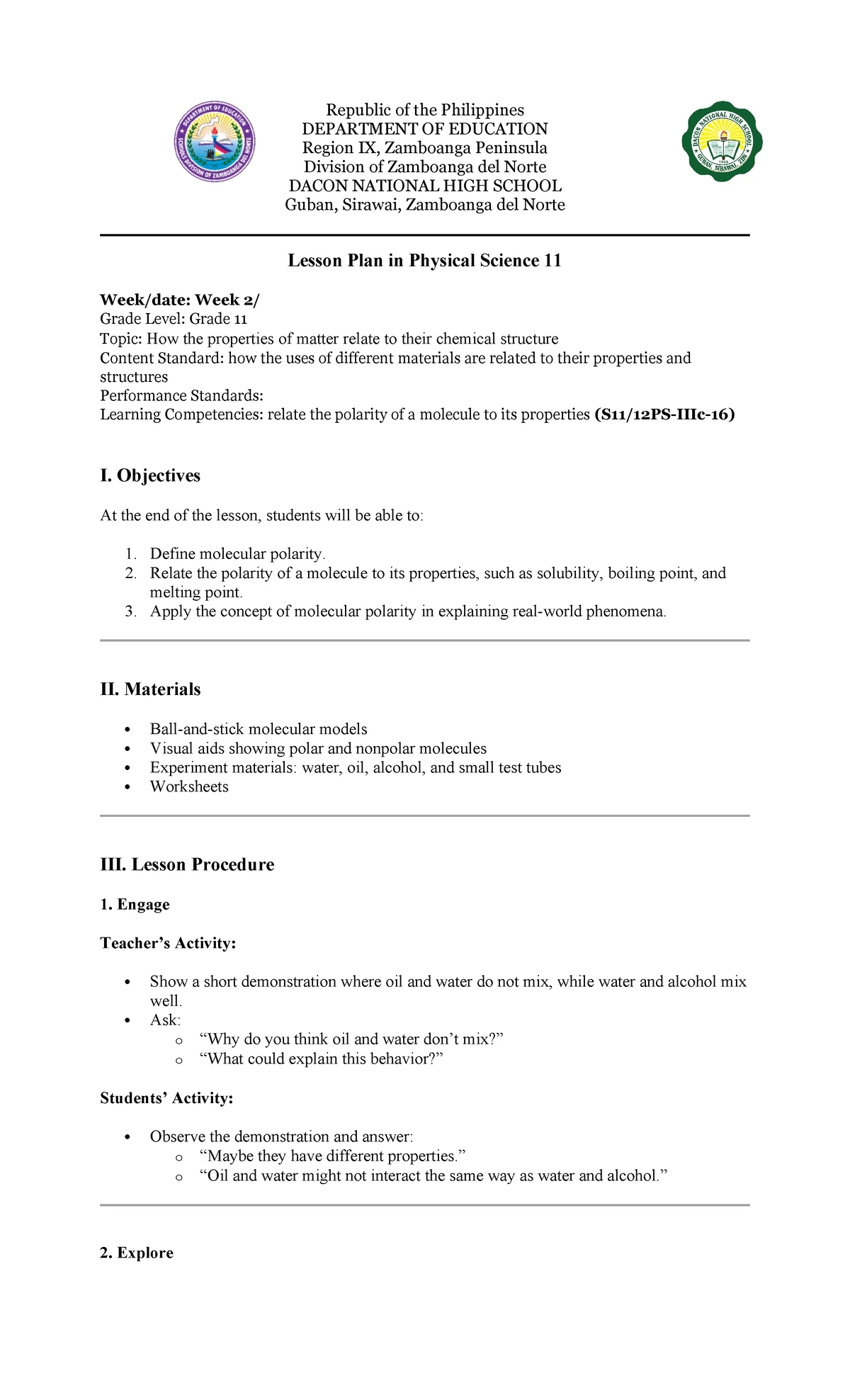 Grade 11 Physical Science Lesson Plan - Week 3 on Intermolecular Forces ...