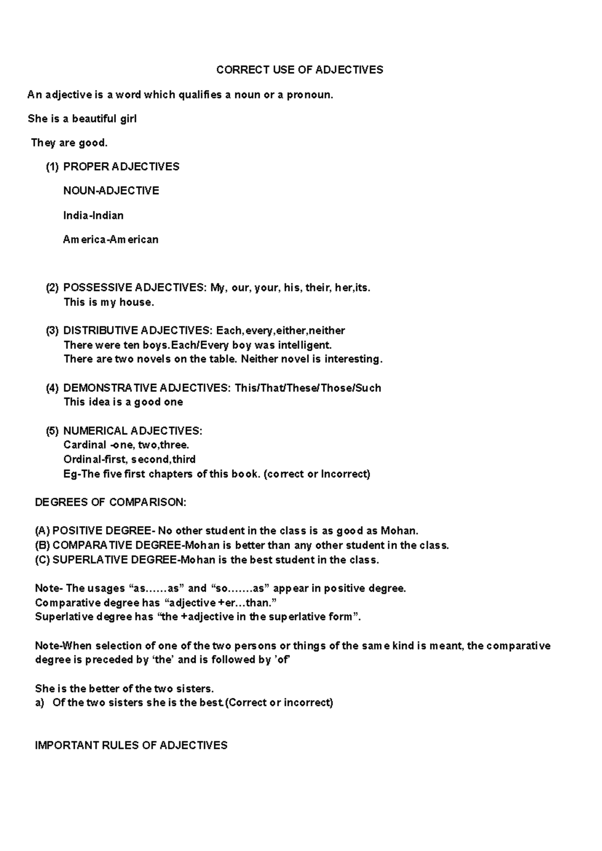 Adjectives Rules - Notes for English Language Study - Studocu