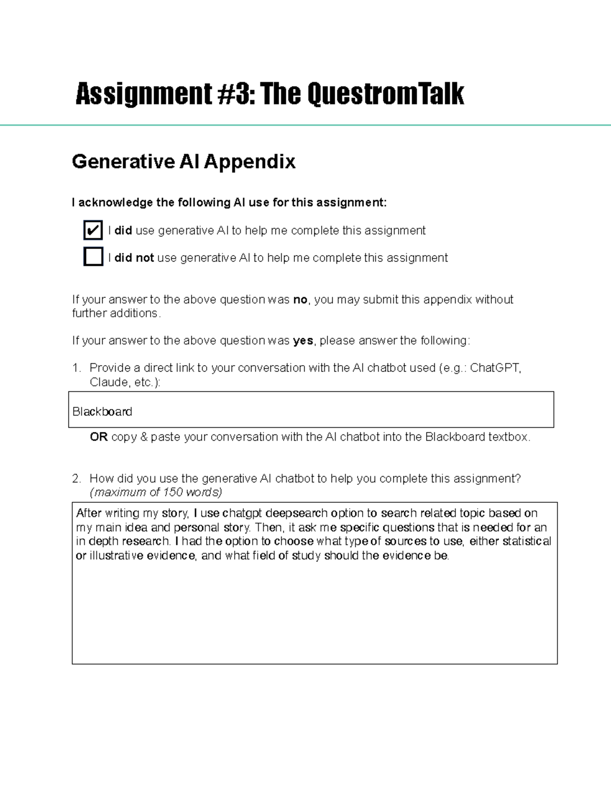 Assignment #3: Generative AI Appendix for QuestromTalk - Studocu