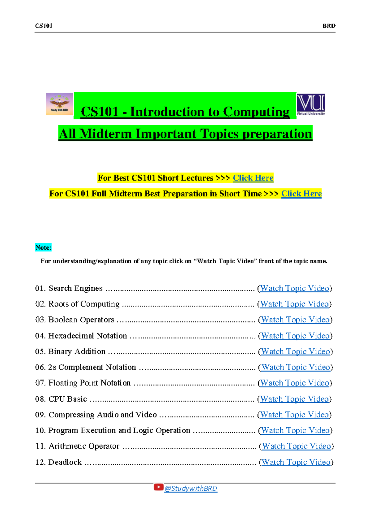 CS101 Essential Midterm Prep: Key Topics & Short Videos - Studocu