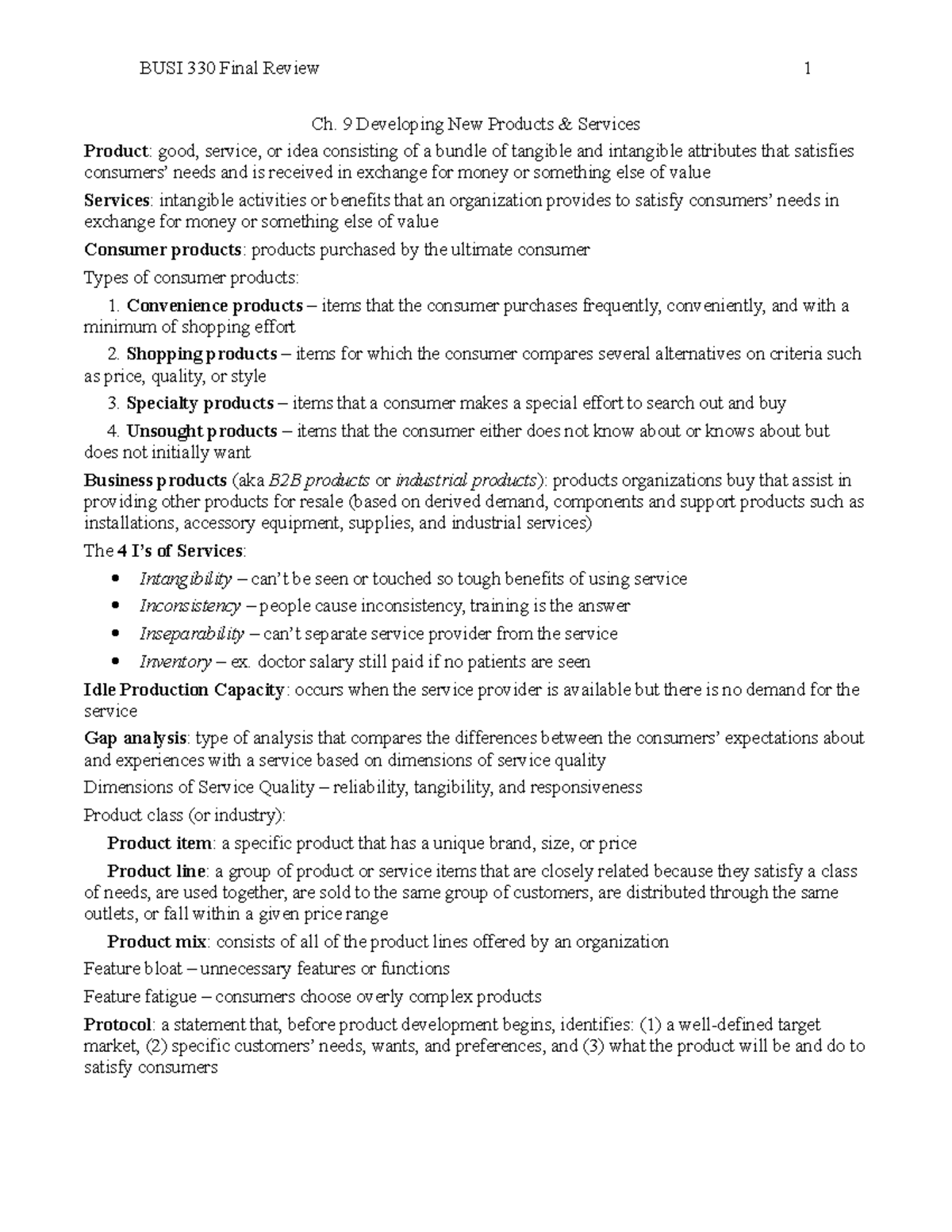 BUSI 330 Final Review - Ch. 9 Developing New Products & Services ...