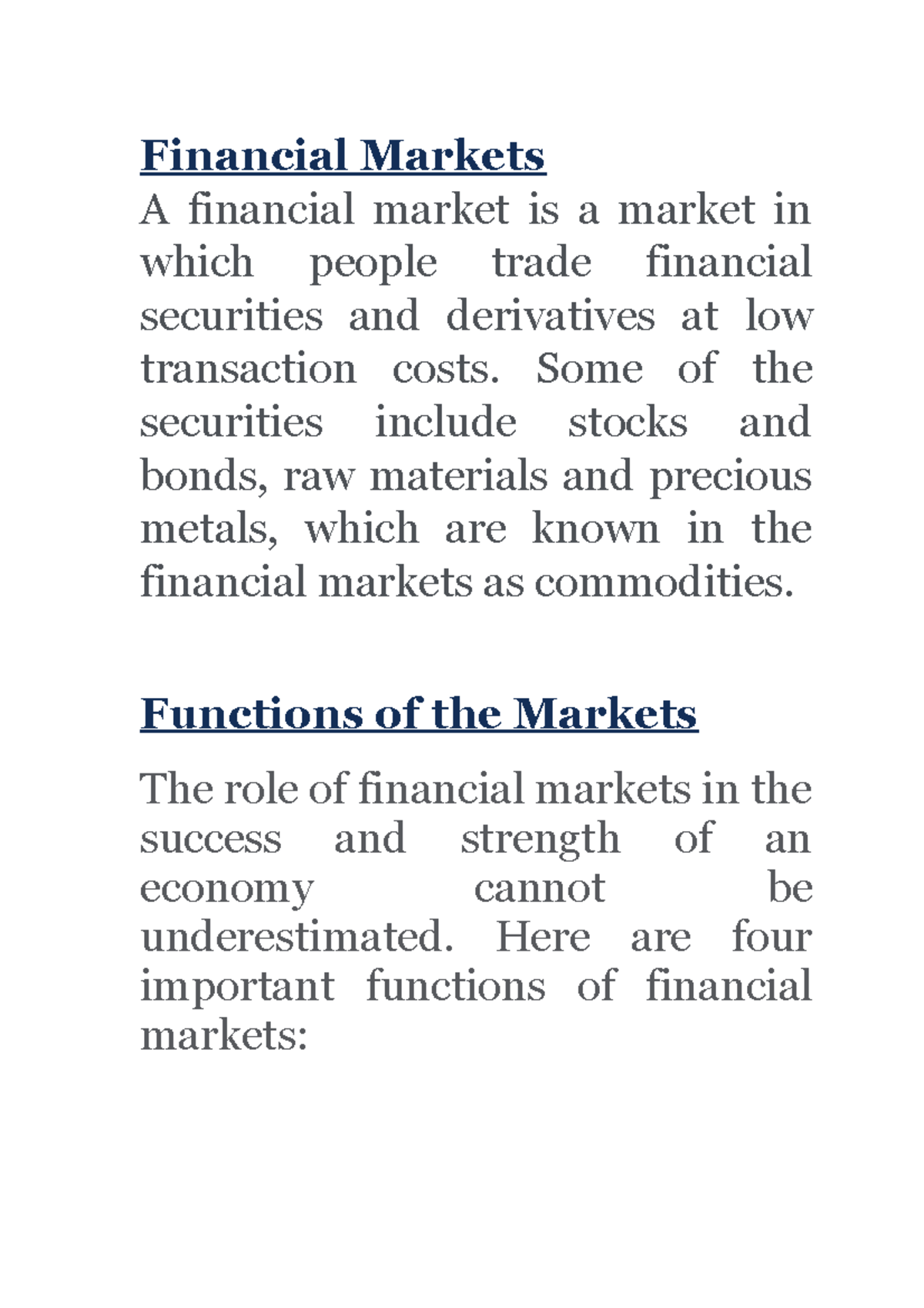 Financial Markets: Key Functions and Types Explained - Studocu