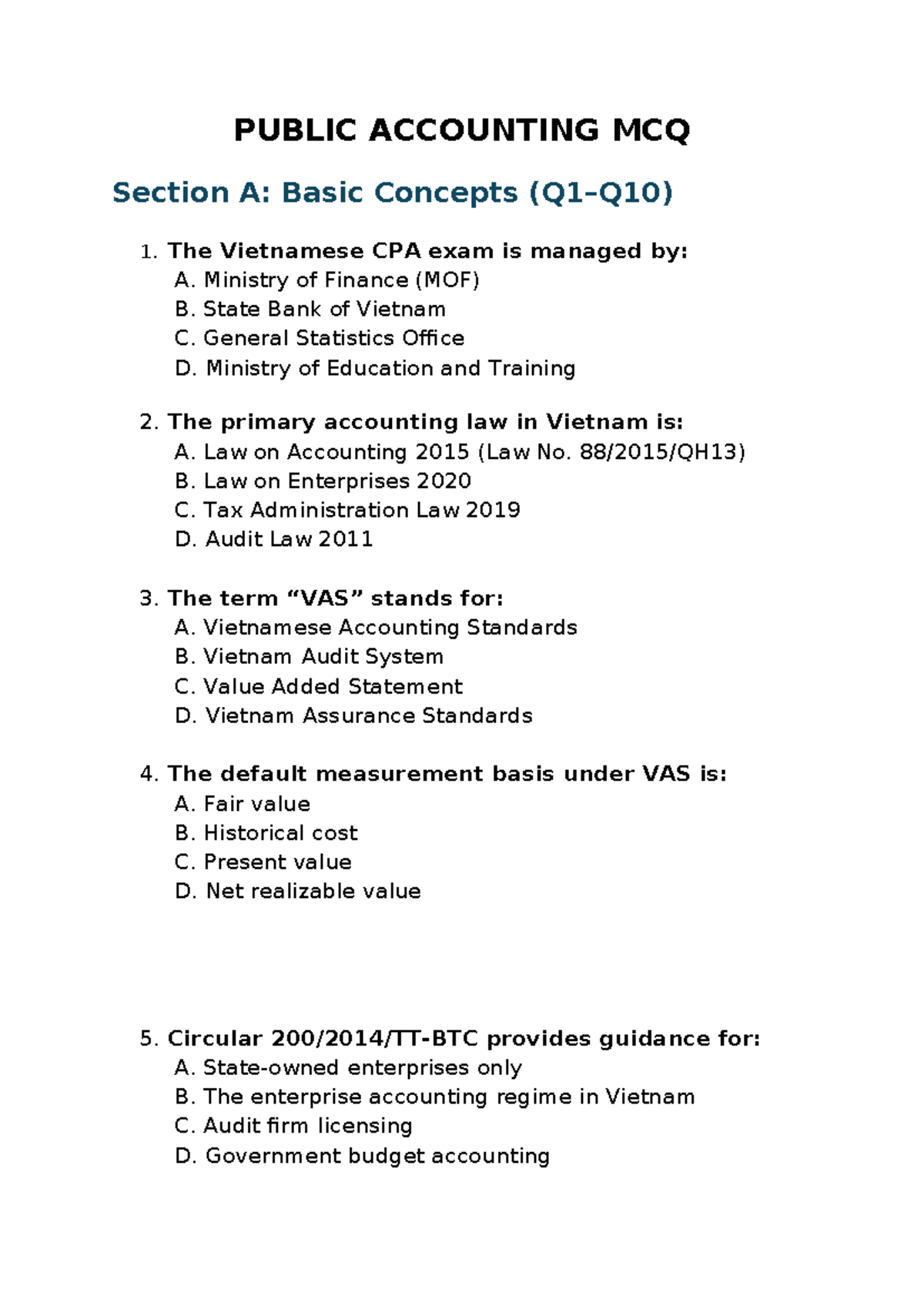 PUBLIC ACCOUNTING MCQ - Section A: Basic Concepts and Answers - Studocu
