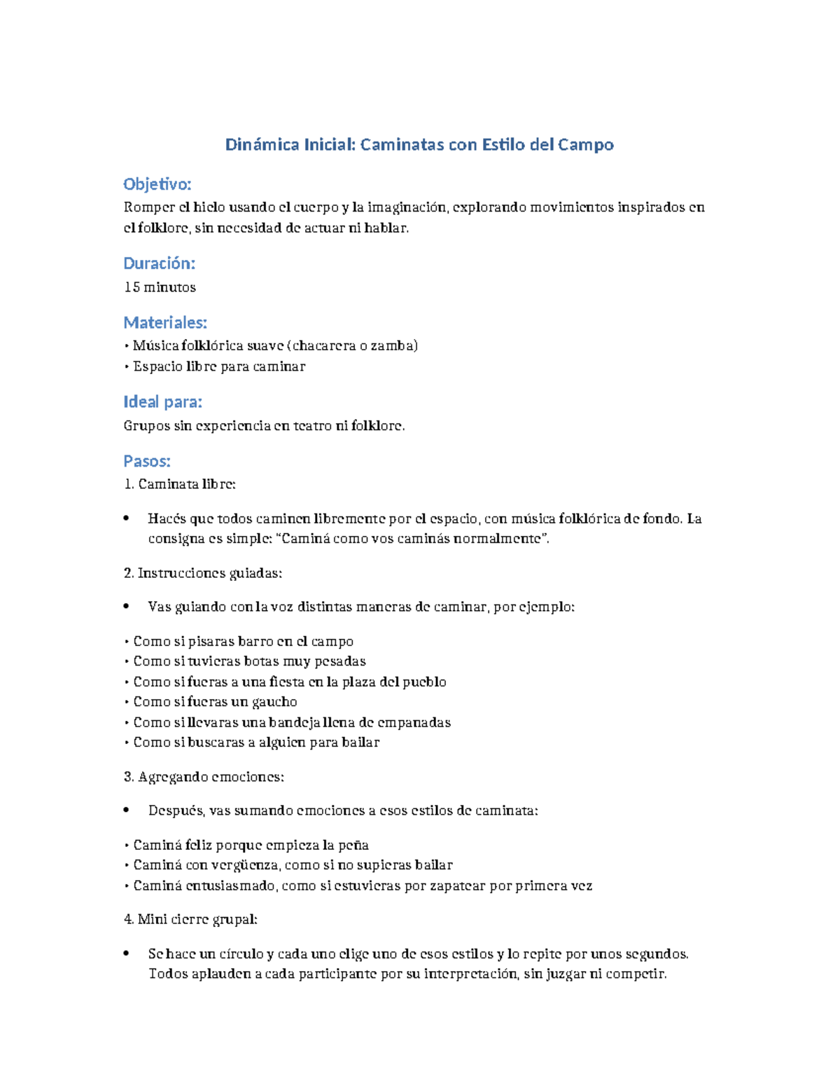 Dinámica Inicial: Caminatas Estilo Folklore para Grupos - Studocu