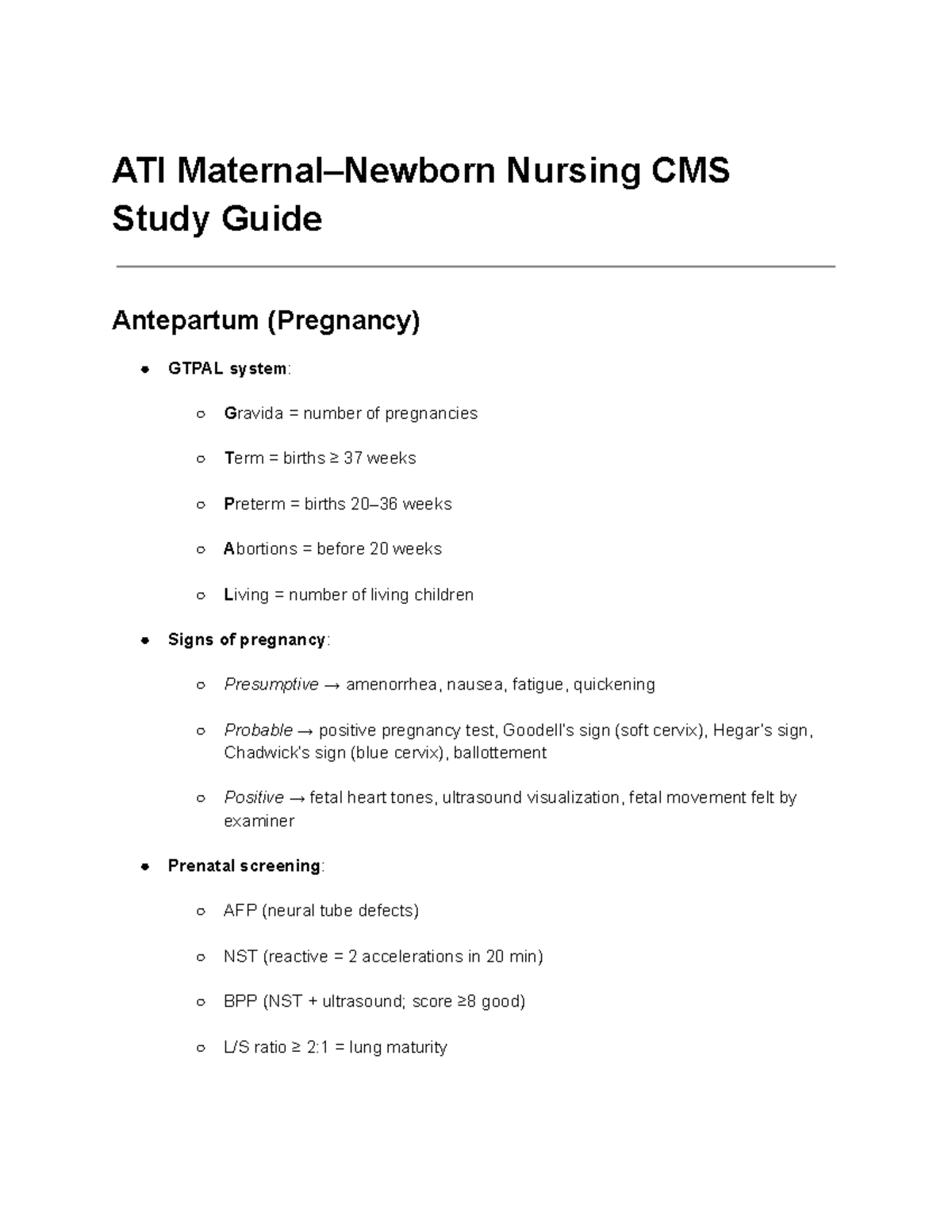 OB CMS Study Guide: Antepartum & Intrapartum Care Notes - Studocu