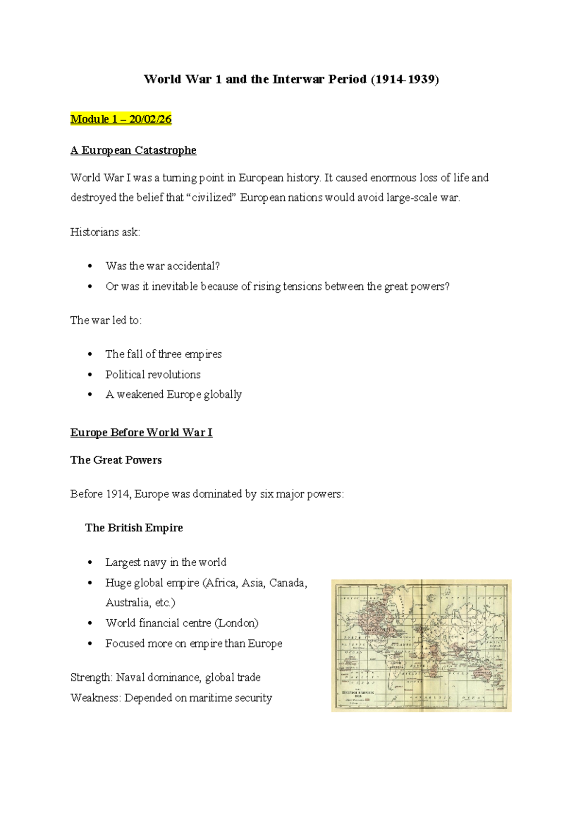 WW1 & Interwar Period: A European Catastrophe (Module 1) - Studocu