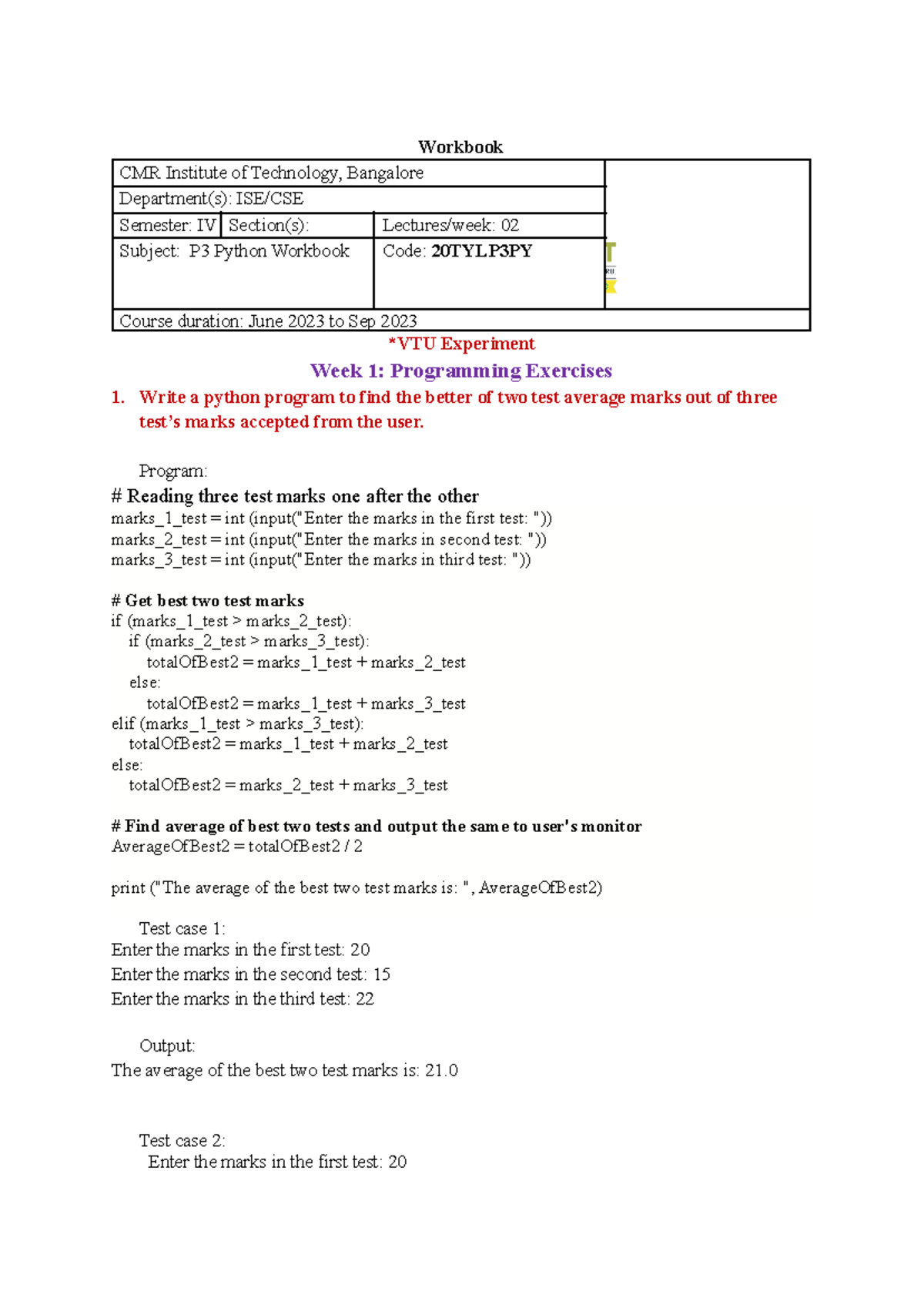 P3 Python Workbook - Programming Exercises & Solutions - Studocu