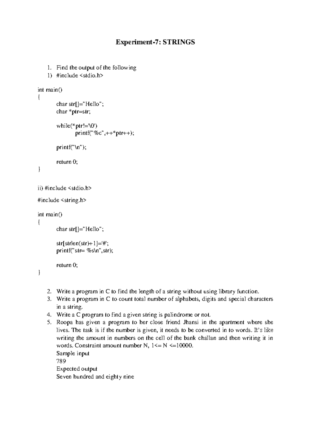 C Programming - Exp 7: Strings Practical Exercises - Studocu