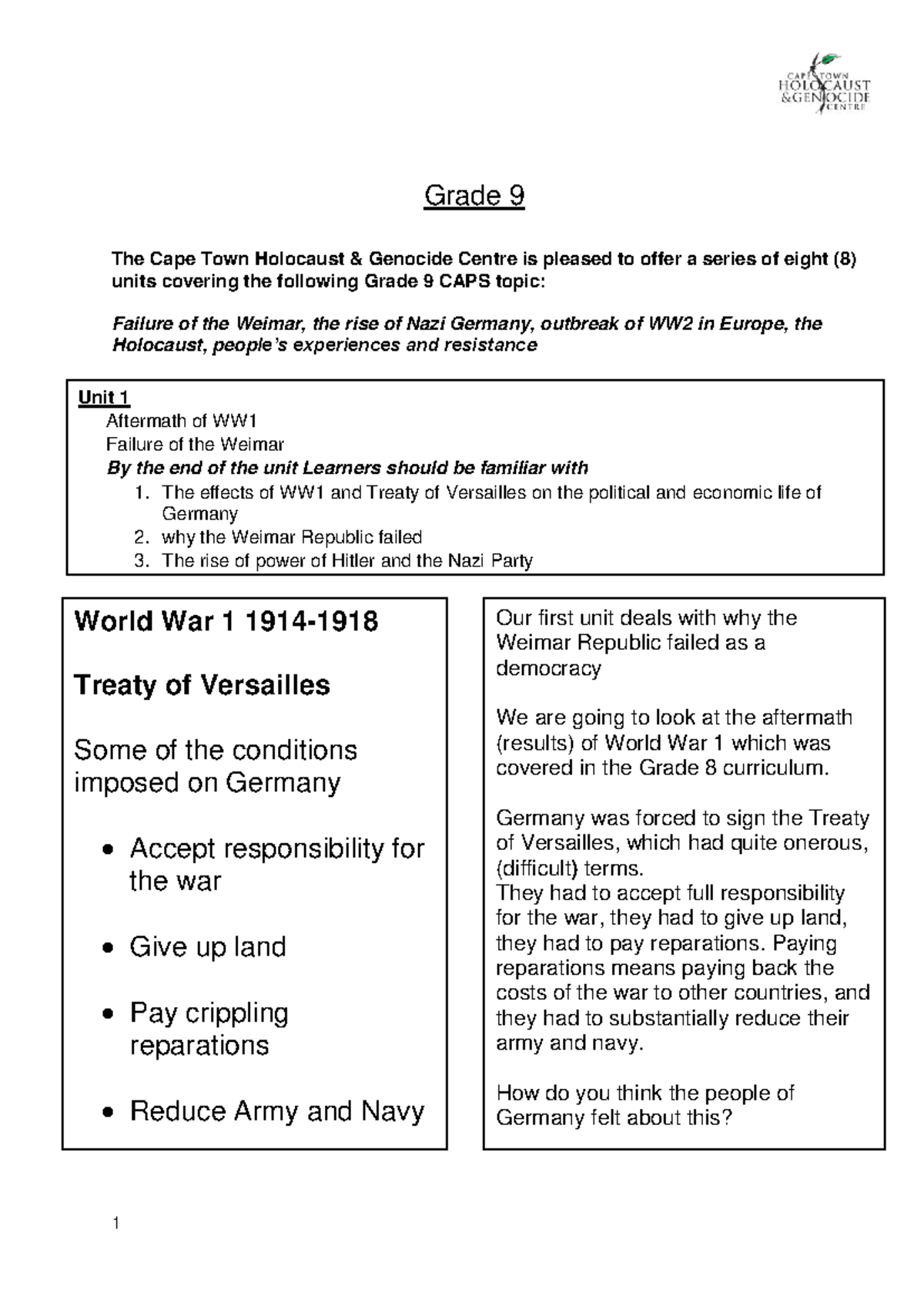 Grade 9 History: Unit 1 - Aftermath of WW1 & Weimar Republic Failure ...