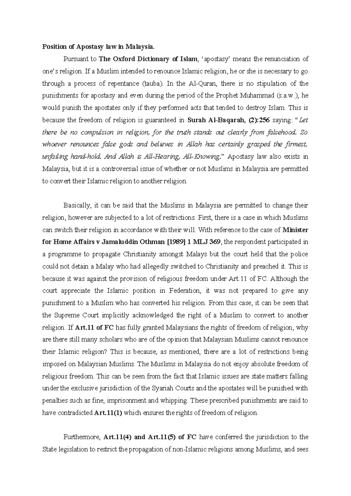 Apostasy Law in Malaysia: Rights, Restrictions, and Controversies - Studocu