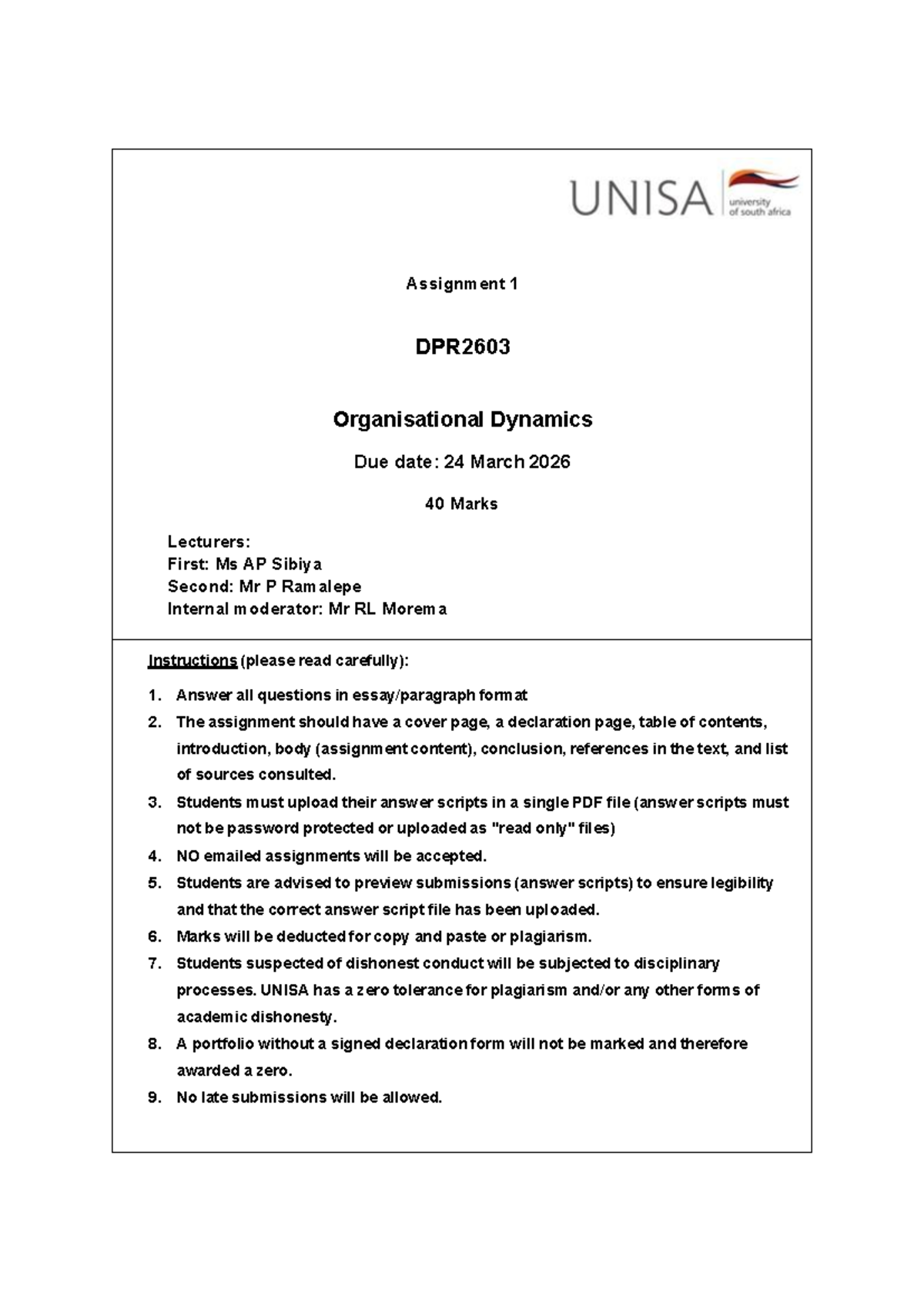 DPR2603 Assignment 1: Organisational Dynamics Questions (2026) - Studocu