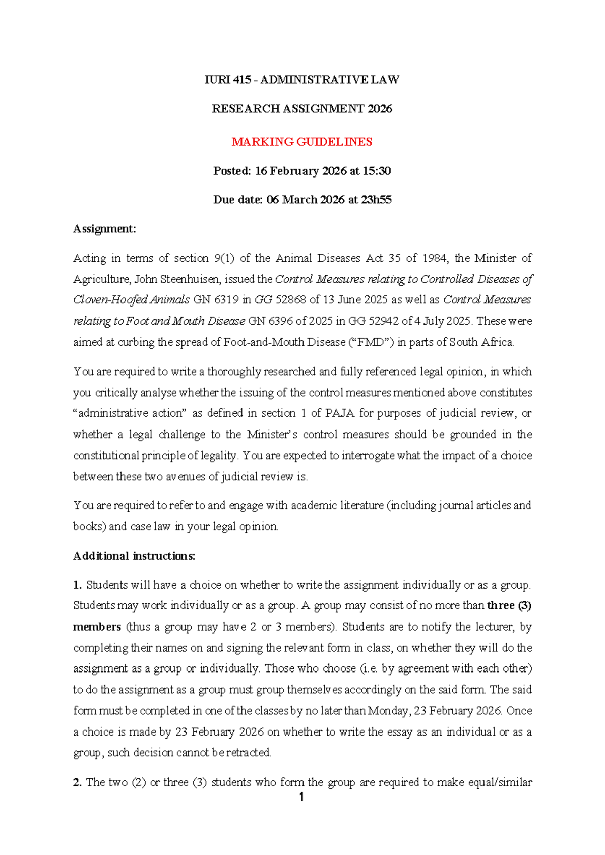 IURI 415 - Admin Law Research Assignment 2026 Marking Guidelines - Studocu