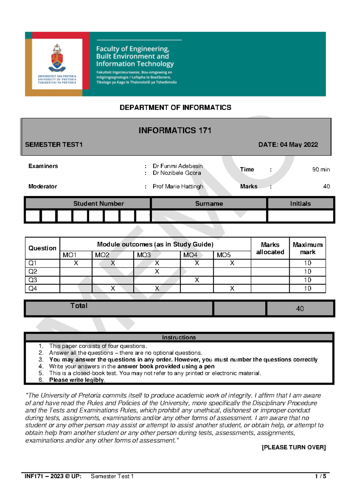 INF171 Semester Test 1 Memo - Final Review (2023) - Studocu