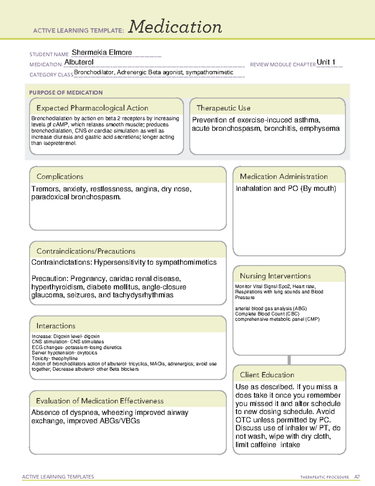 Albuterol medication template: Active learning review module - Studocu