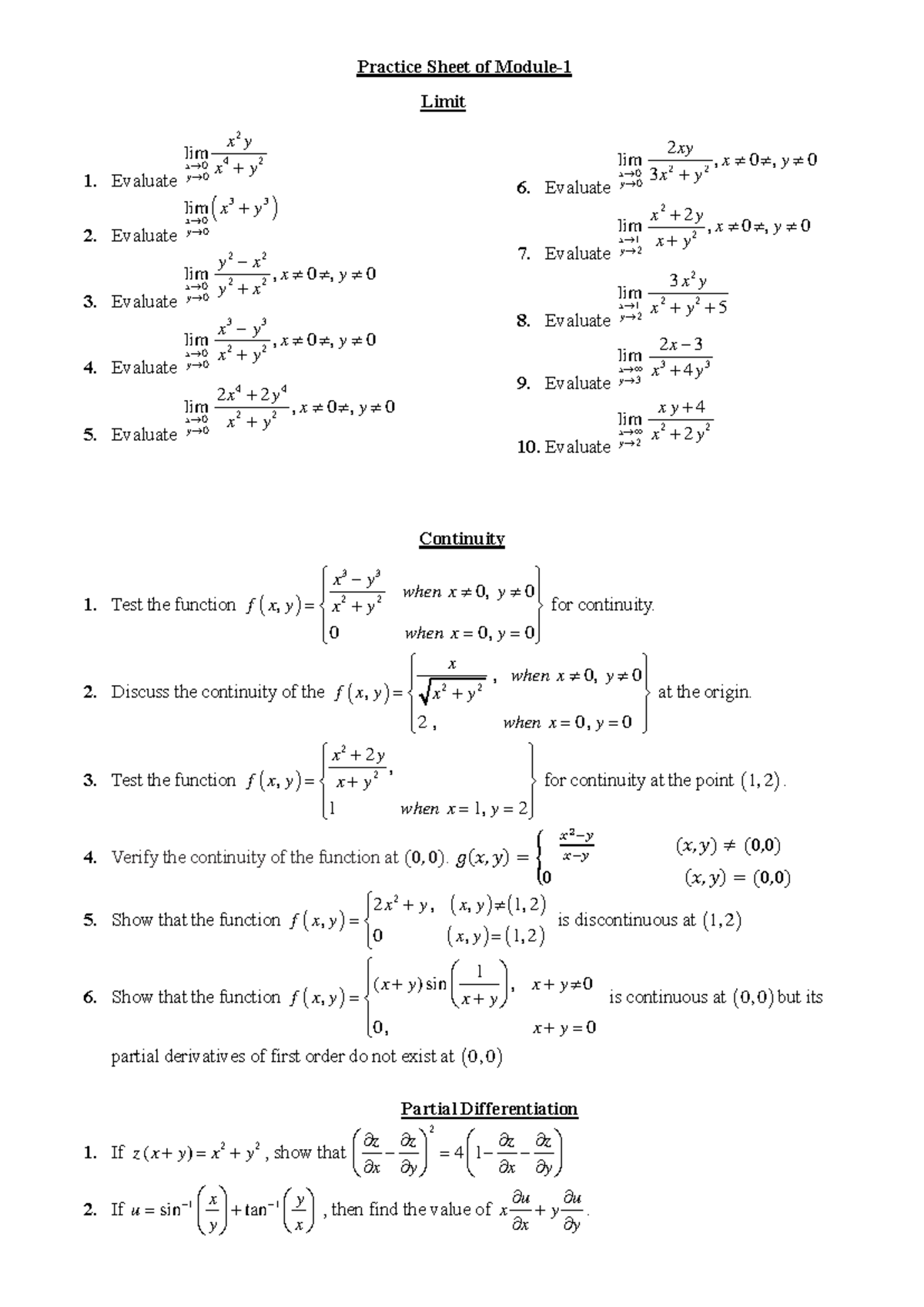 Module-1 Practice Sheet: Evaluating Limits and Continuity - Studocu