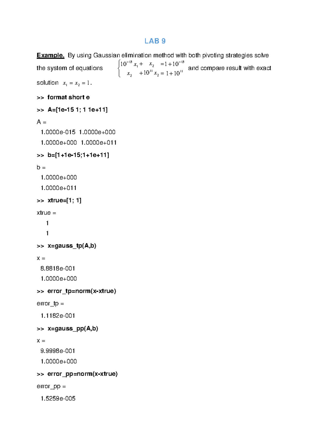 Mat3012-Lab 9 - matlab notes - LAB 9 Example. By using Gaussian ...