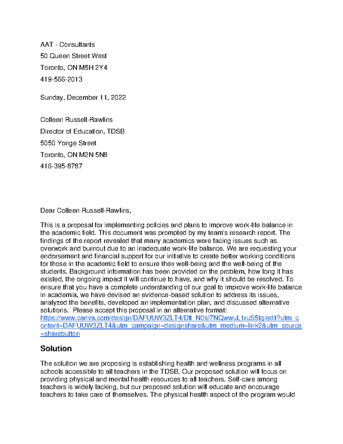 Proposal - Prof. Suzanne Moore. - AAT - Consultants 50 Queen Street ...