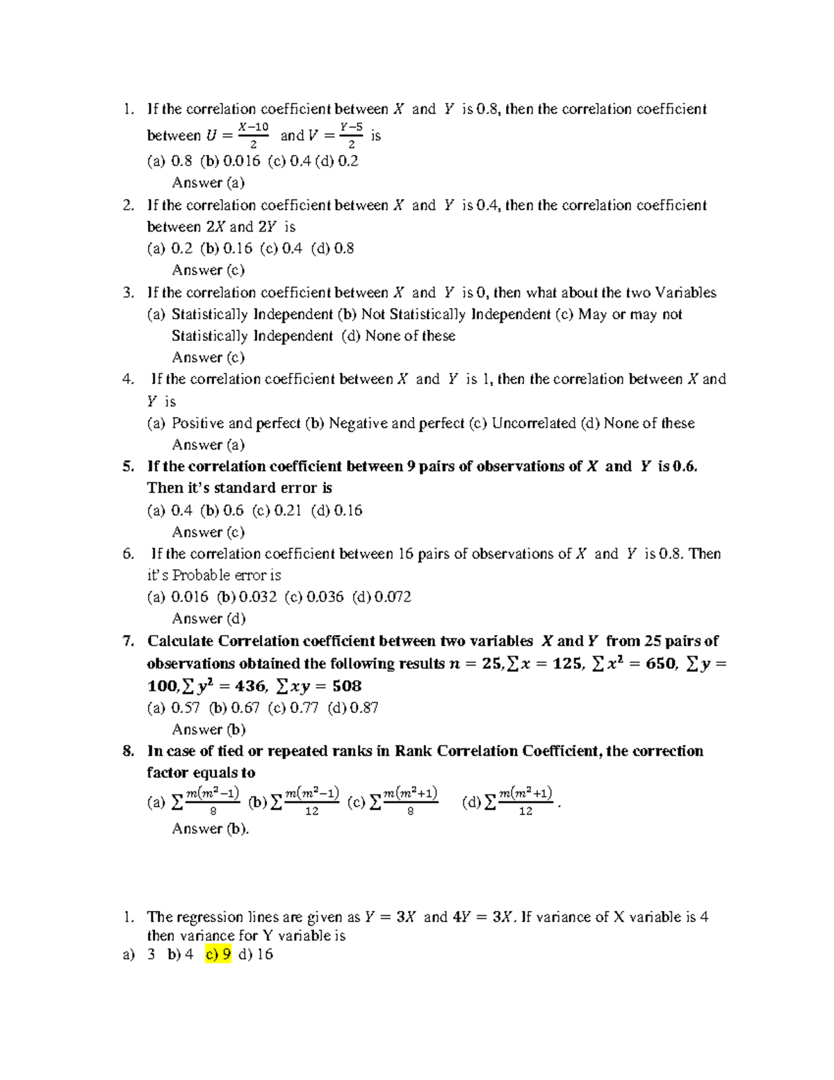MCQ Unit 2: Correlation and Regression Analysis Questions - Studocu