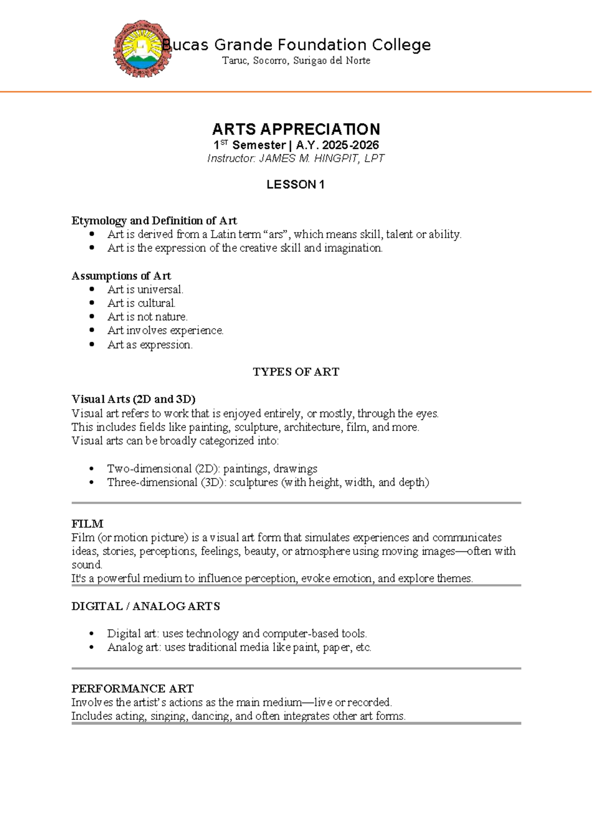 ARTS APPRECIATION 1ST SEMESTER: LESSON 1 - Etymology & Definition of ...