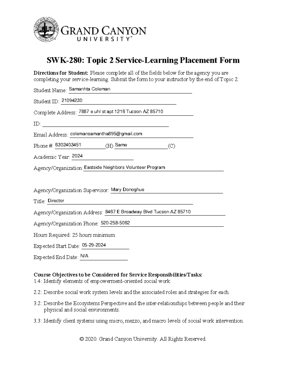 SWK-280: Service-Learning Placement Form for Topic 2 Completion - Studocu
