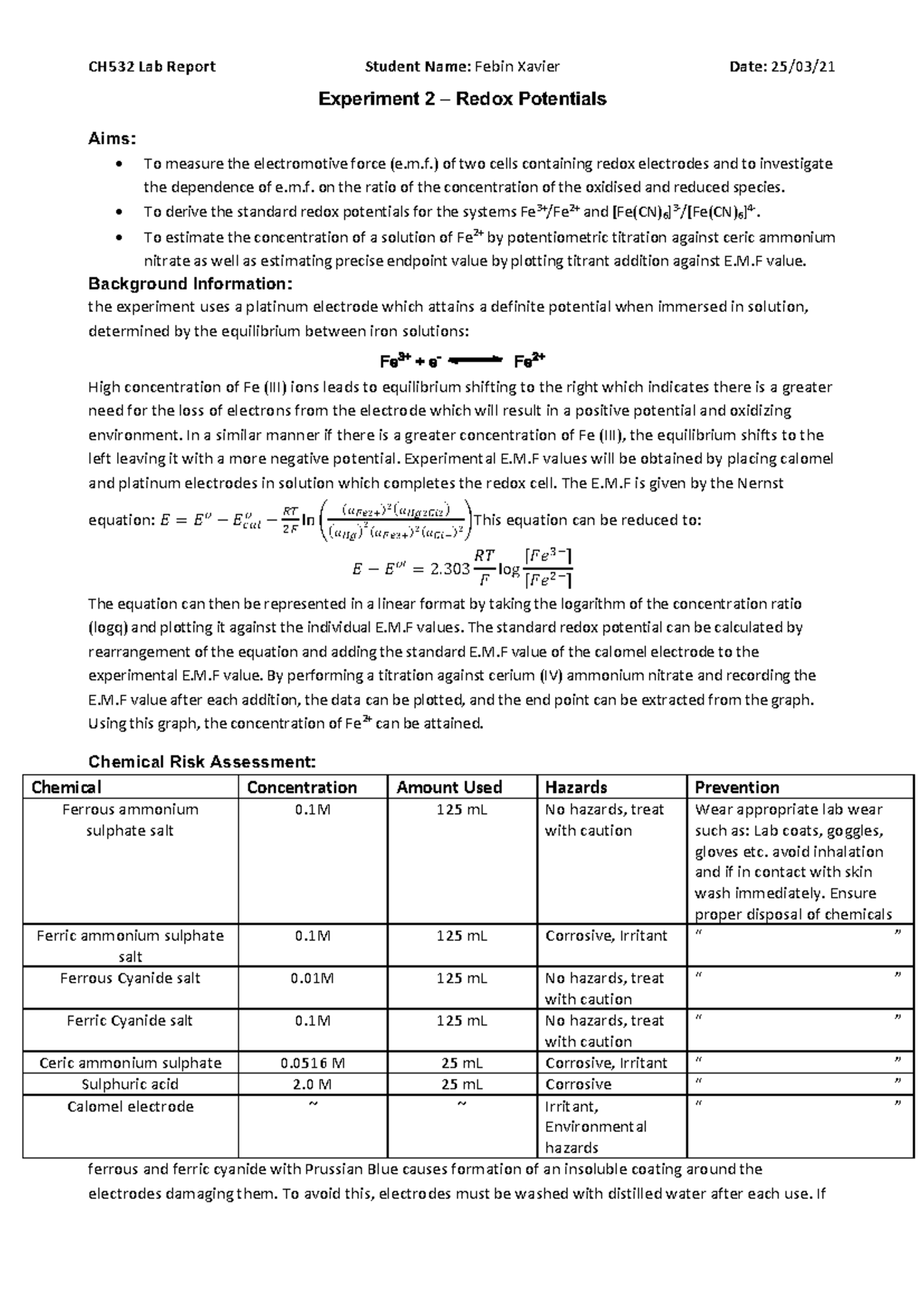 CH532 Redox Potential Lab Report and E.M.F Measurement Analysis - Studocu