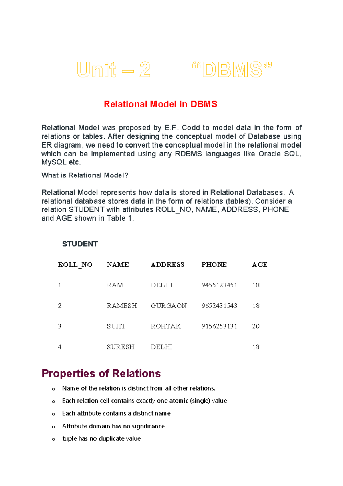 Unit 2 - Lecture Notes on Relational Model in DBMS - Studocu