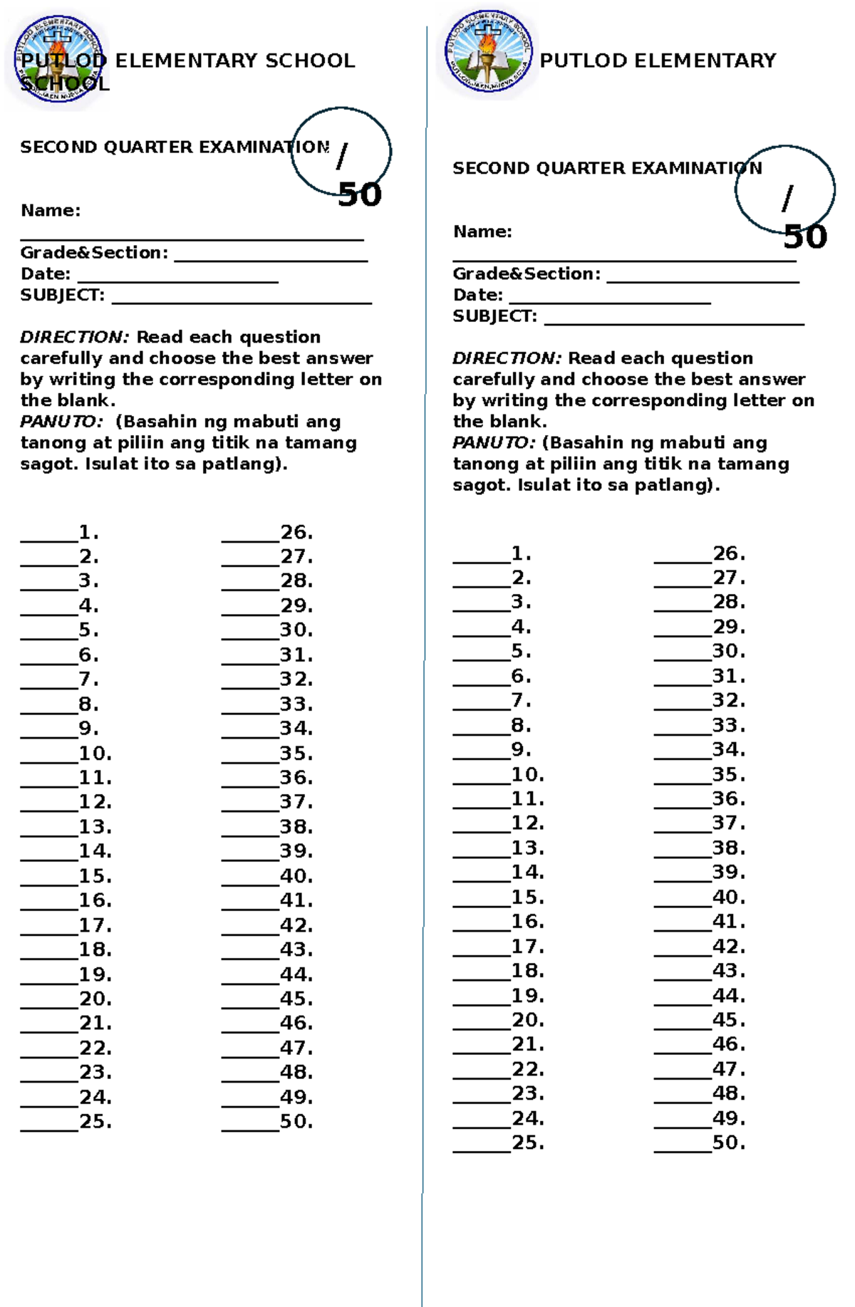 Answer sheet - for assignment purposes - PUTLOD ELEMENTARY SCHOOL ...