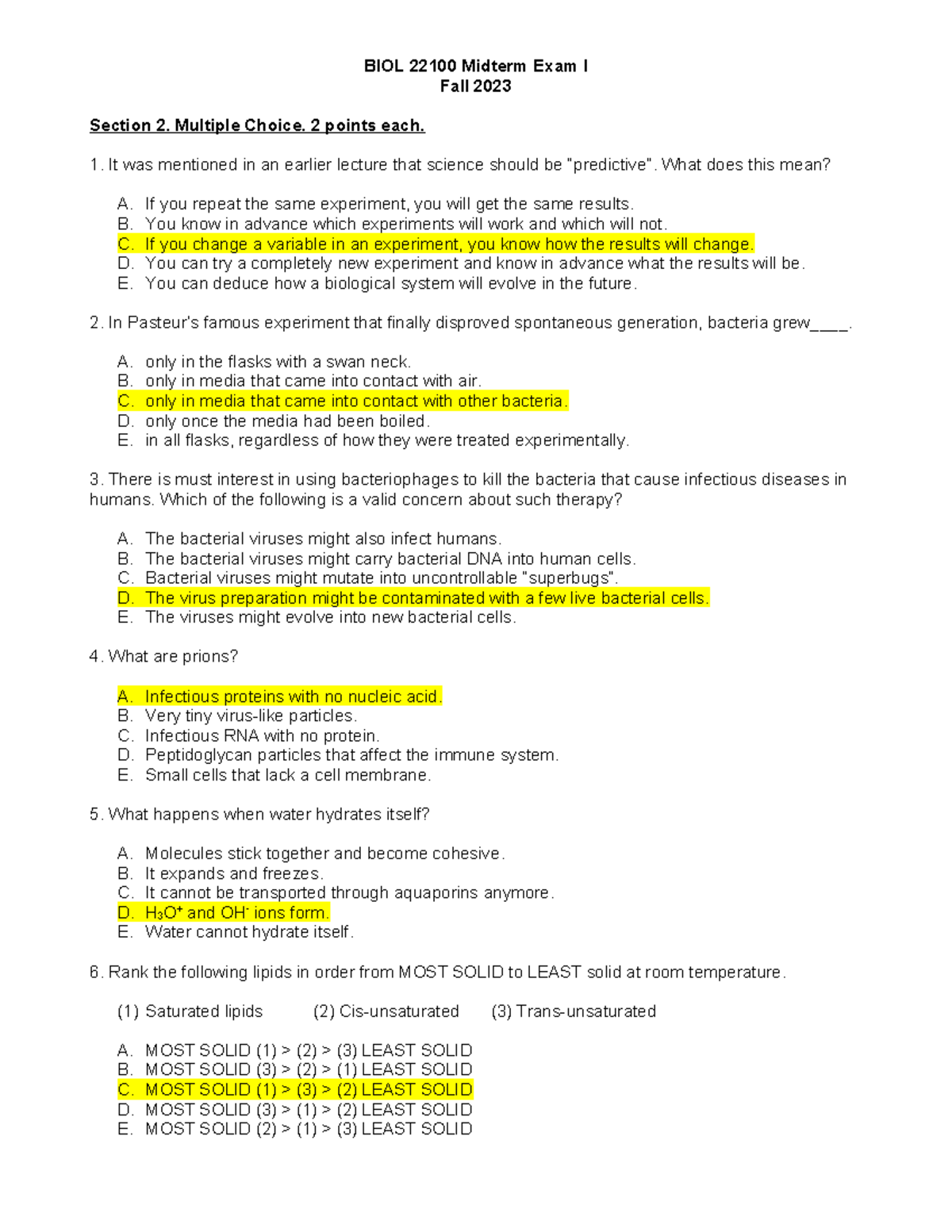 BIOL221 Midterm Exam I Fall 2023 Multiple Choice Answer Key - Studocu