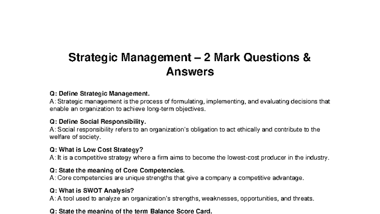 Strategic Management 2 Mark Questions & Answers Overview - Studocu