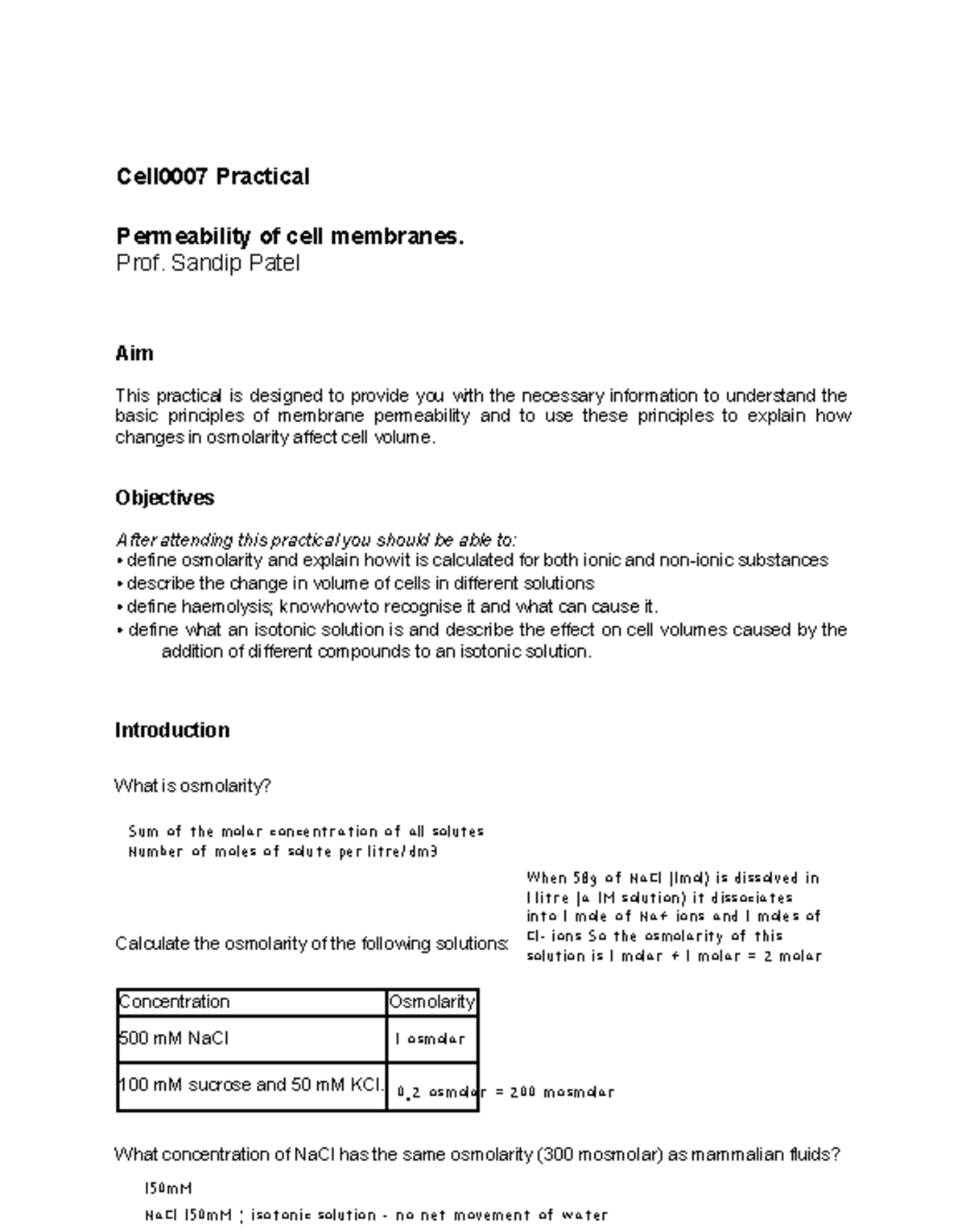 Cell 0007: Practical on Membrane Permeability & Osmolarity Effects ...
