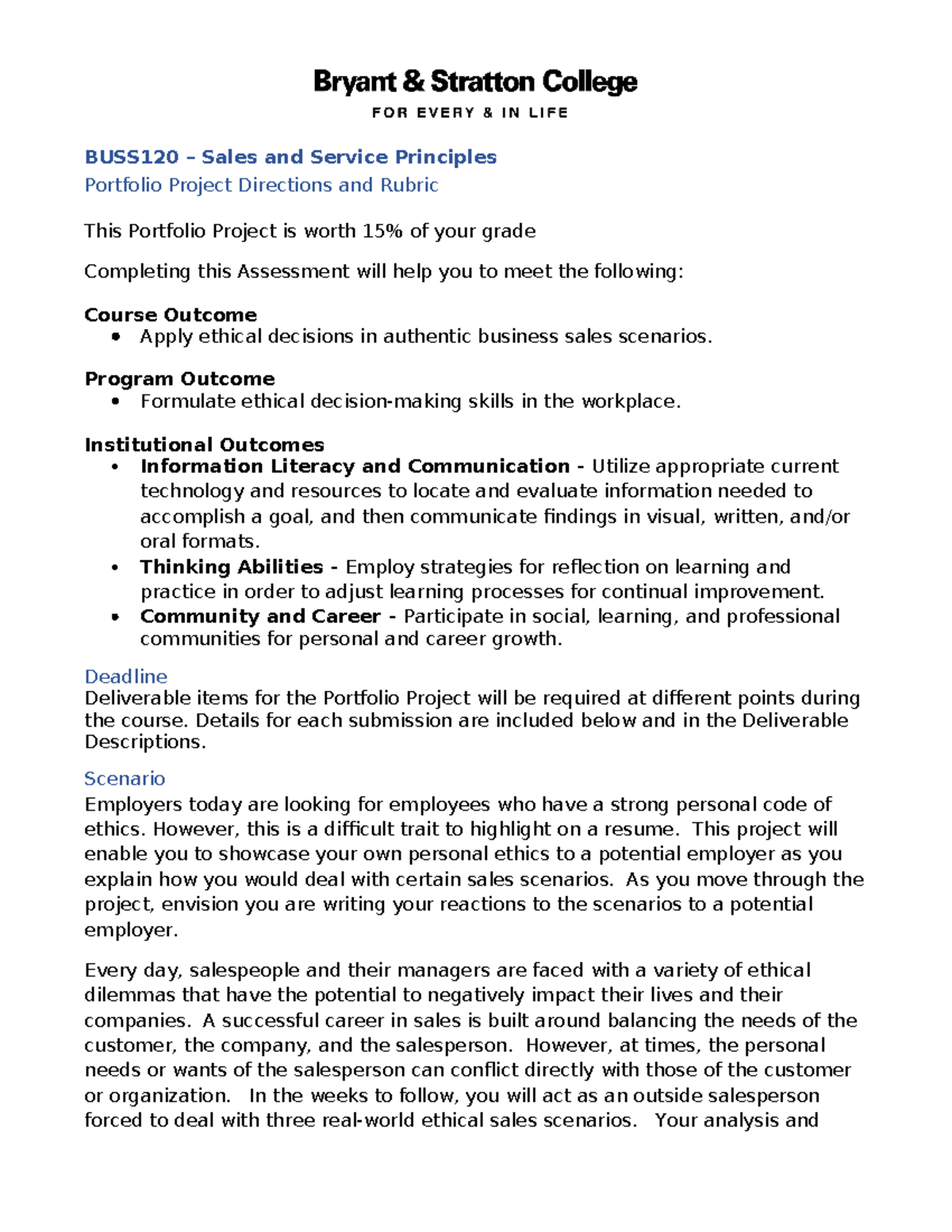 BUSS120 – Portfolio Project Guidelines & Rubrics on Ethical Sales ...