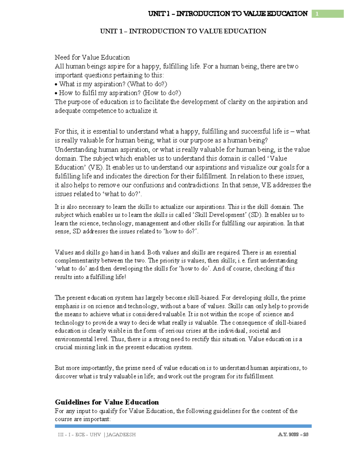 UHV - UNIT 1: Exploring the Importance of Value Education - Studocu